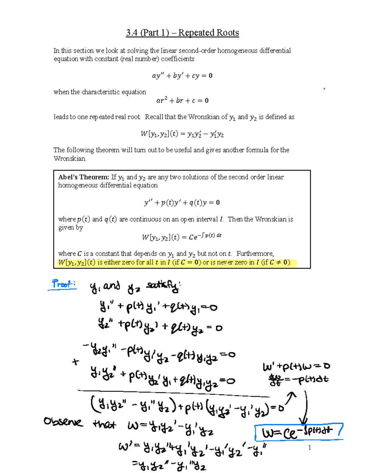3.4 notes - part 1 - 1 3 (Part 1) 3 Repeated Roots In this section we ...
