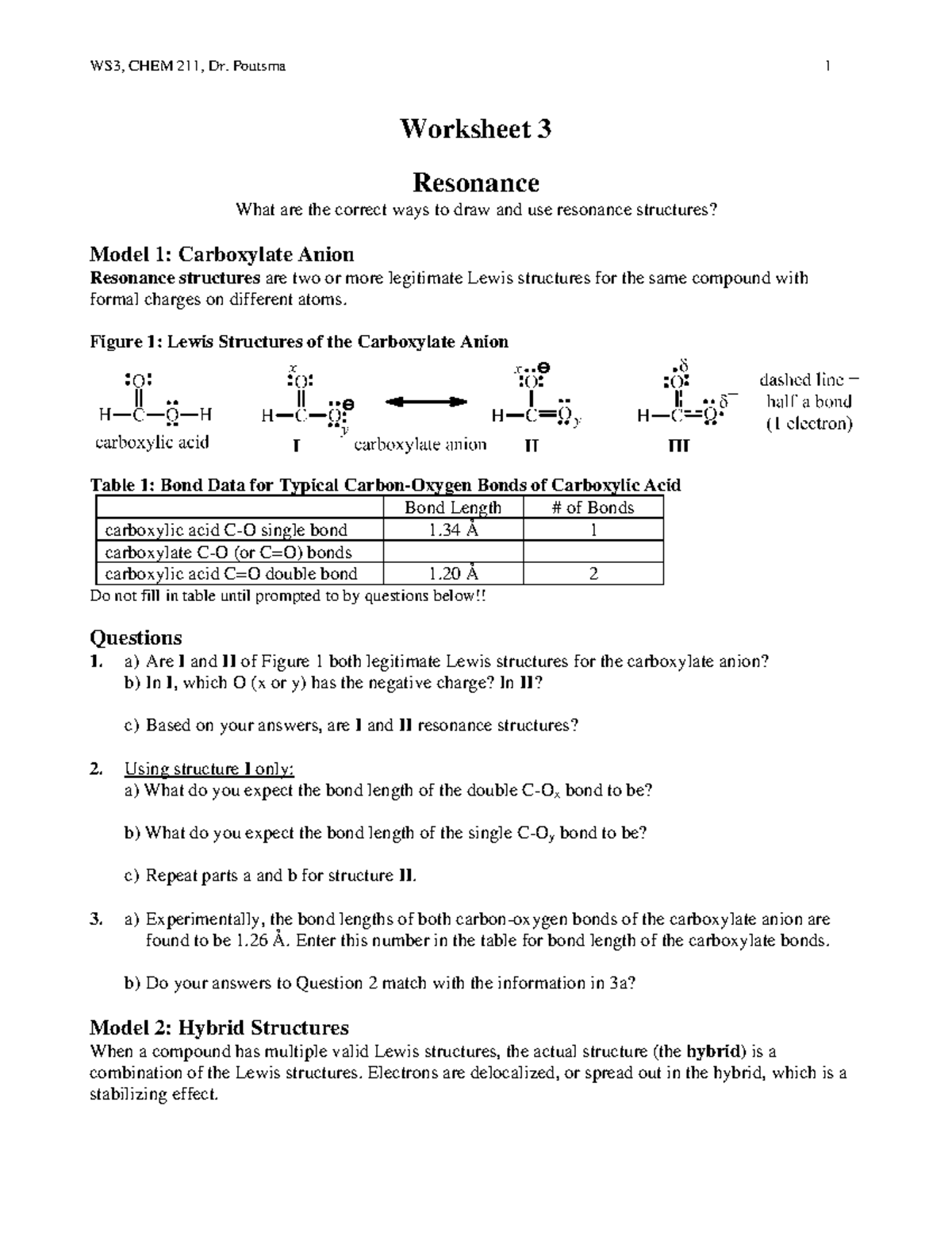 WS3 Resonance Structures - WS3, CHEM 211, Dr. Poutsma 1 Worksheet 3 ...