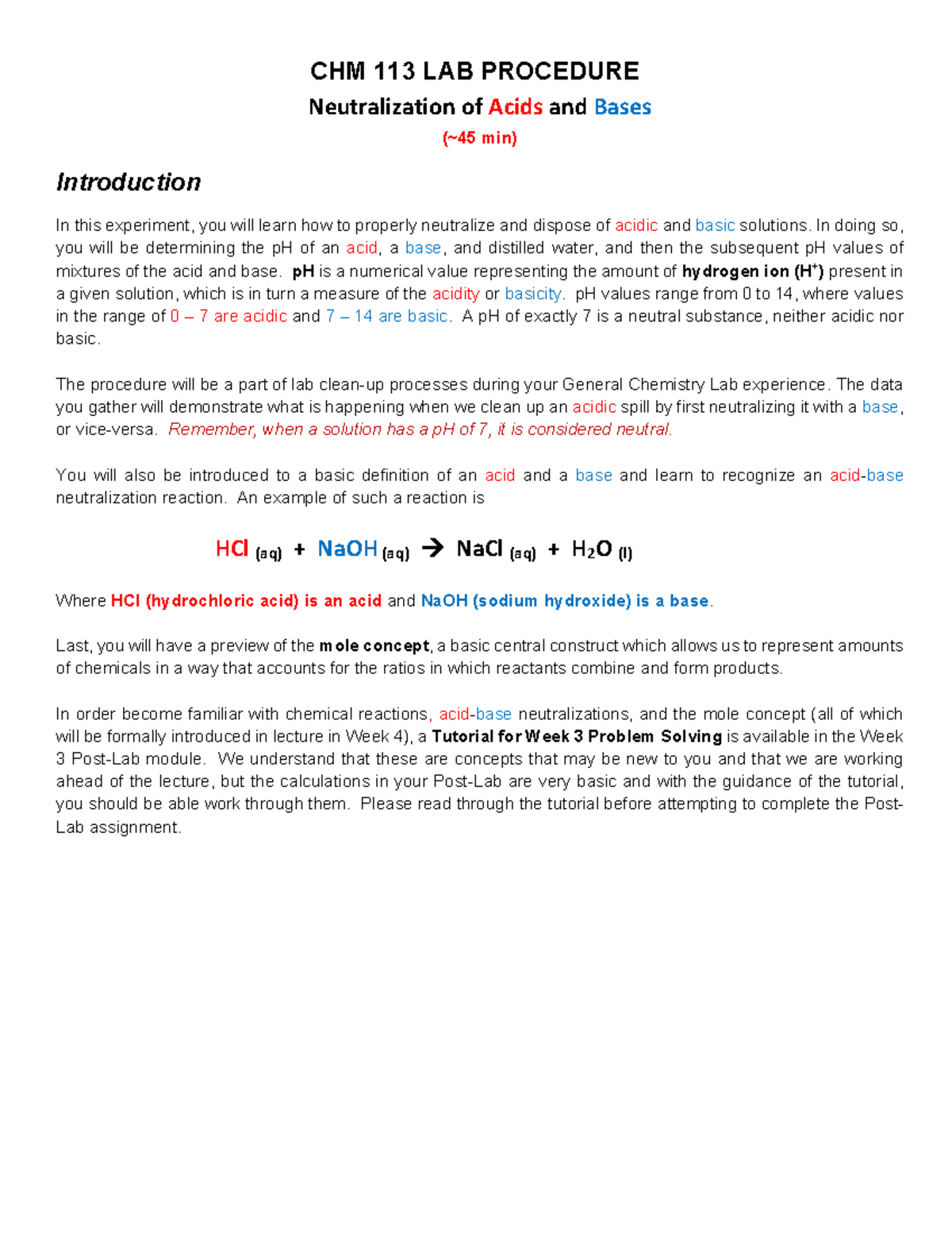 03 Acids Bases Procedure Fall24 - CHM 113 LAB PROCEDURE Neutralization ...