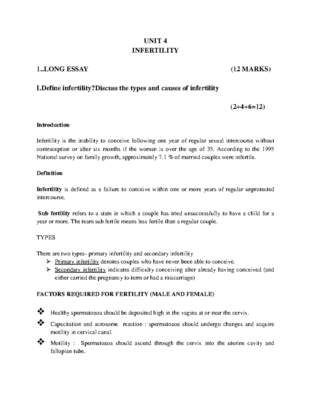 Infertility gynecology - UNIT 4 INFERTILITY 1. ESSAY (12 MARKS) I ...
