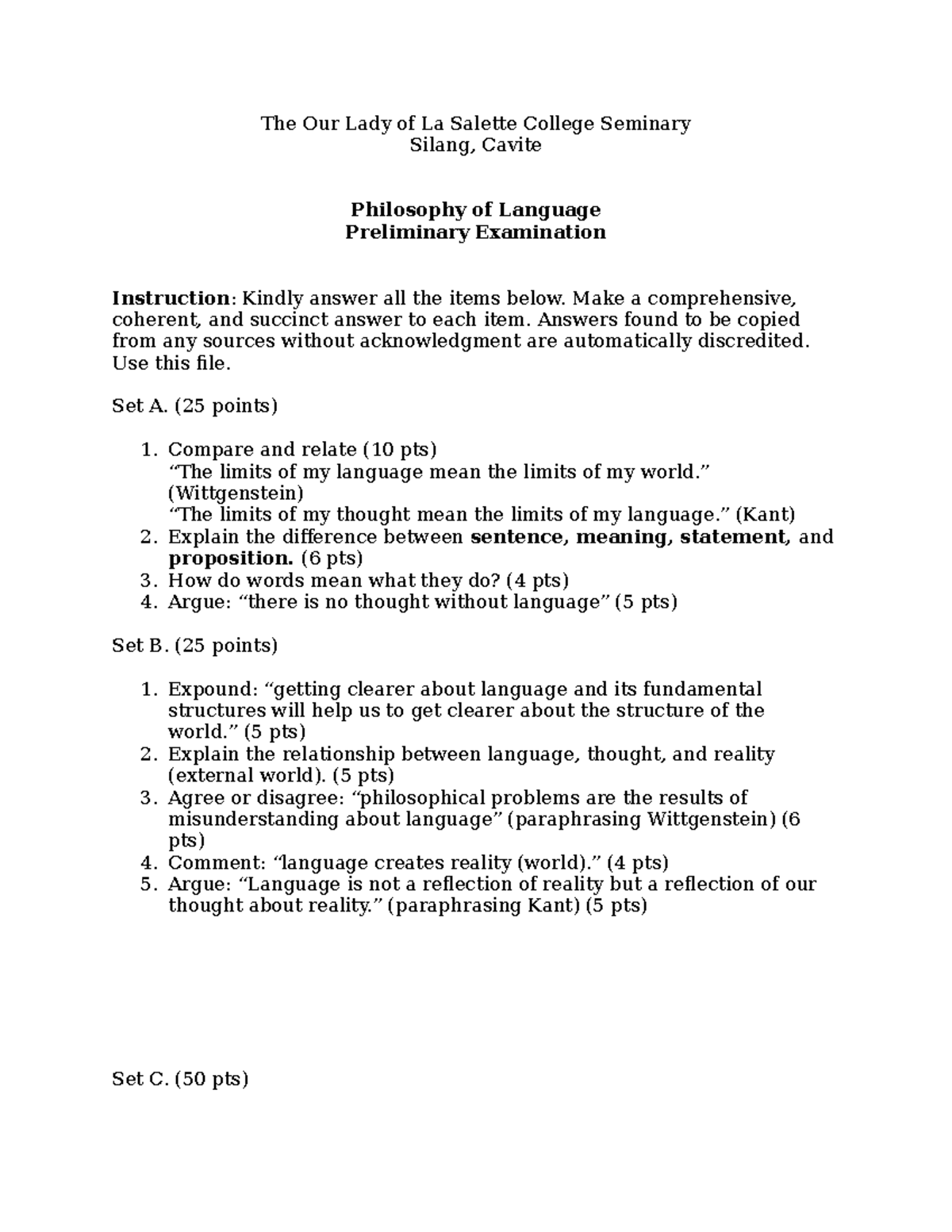 Philosophy of Language Comprehension Exercise 01-1 - The Our Lady of La ...