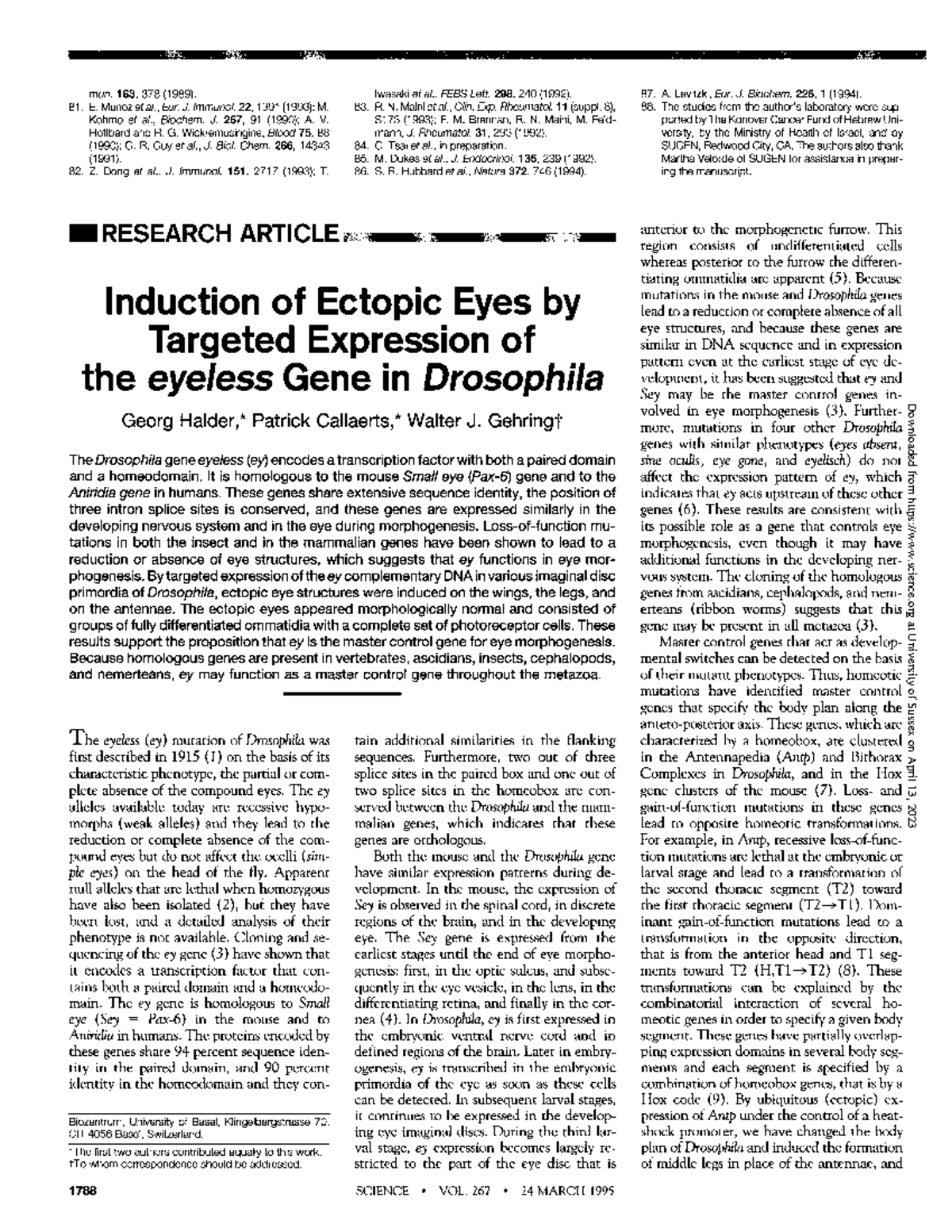 Induction of Ectopic Eyes by Targeted Expression of the eyeless Gene in ...
