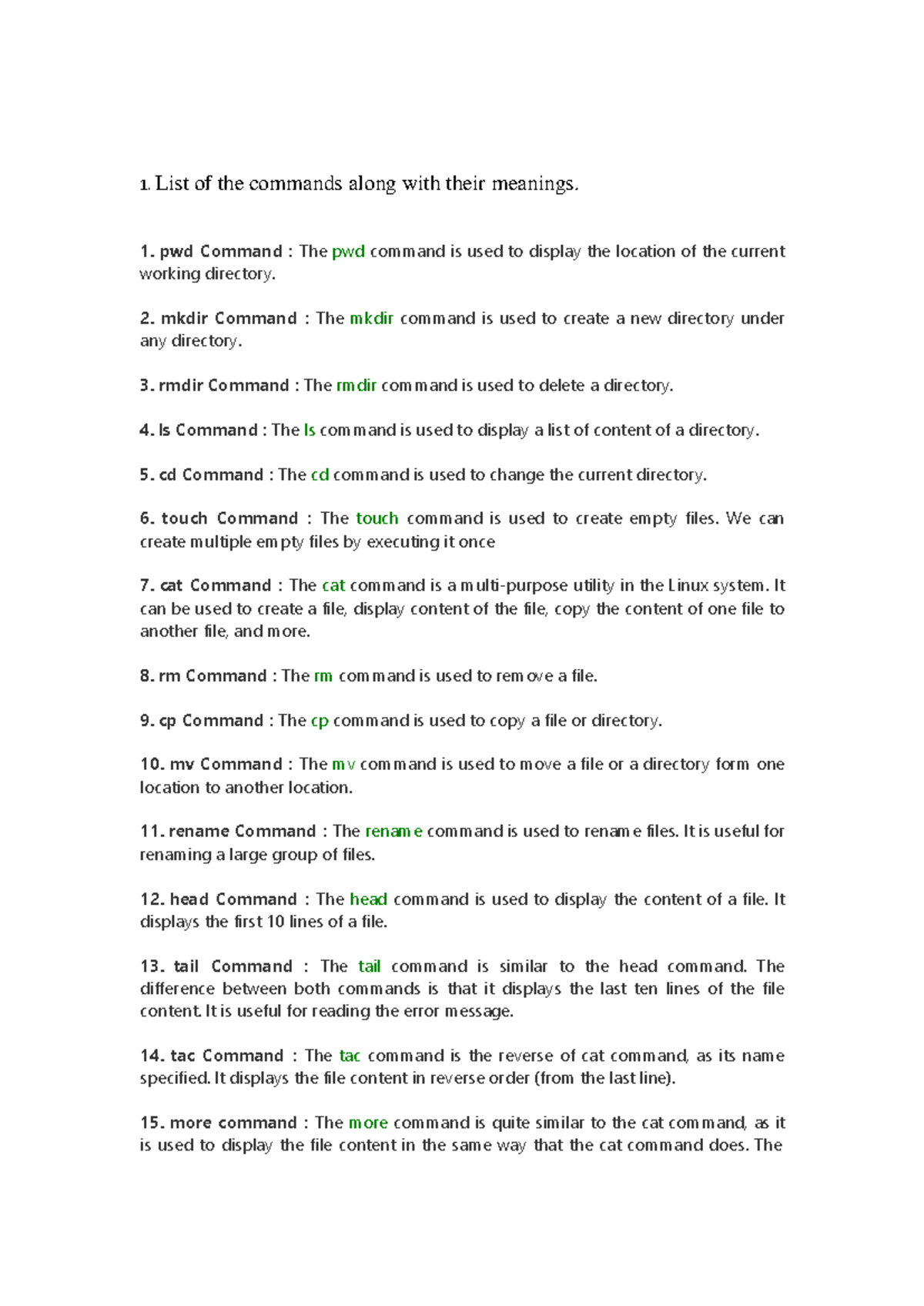 PCA1-Operating Systems Lab 10 - 1. List of the commands along with their meanings. 1. pwd ...