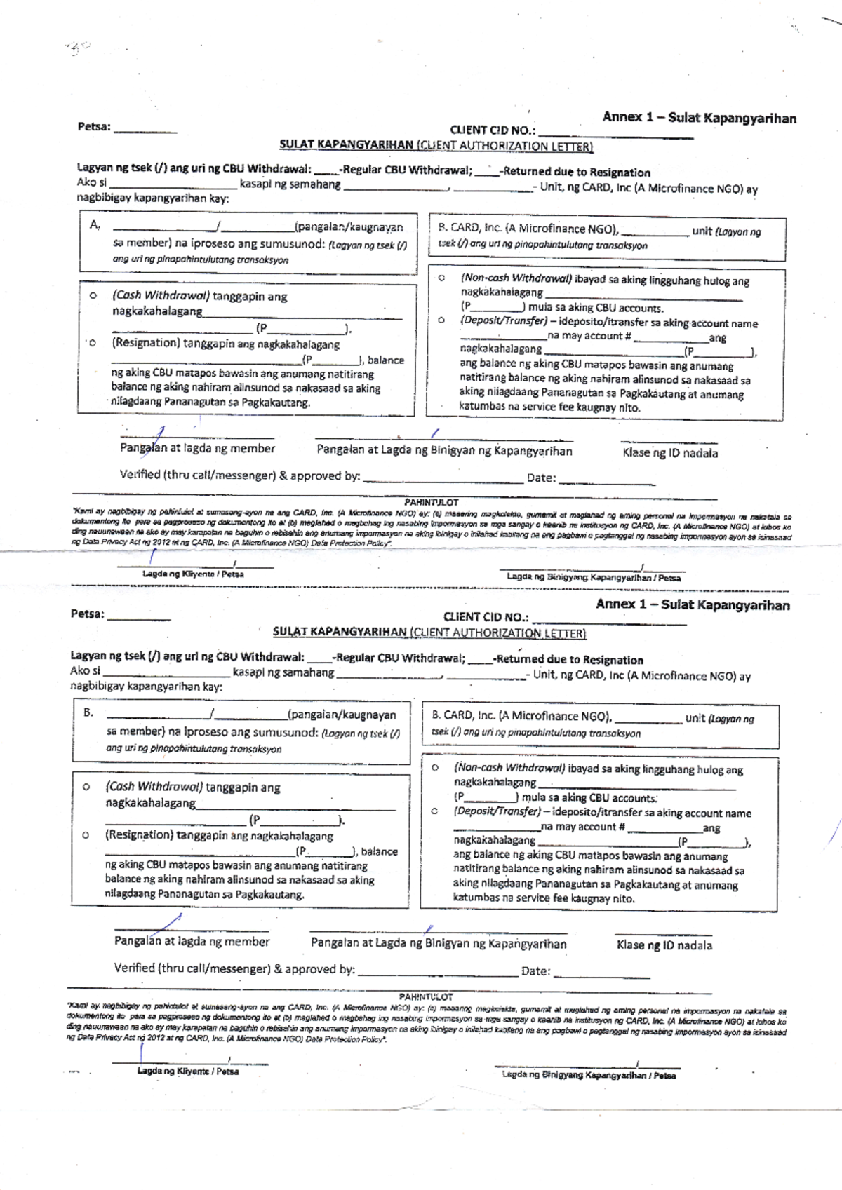 Authorization letter - Annex 1 Sulat Kapangyarihan Petsa: CLIENT CID NO ...