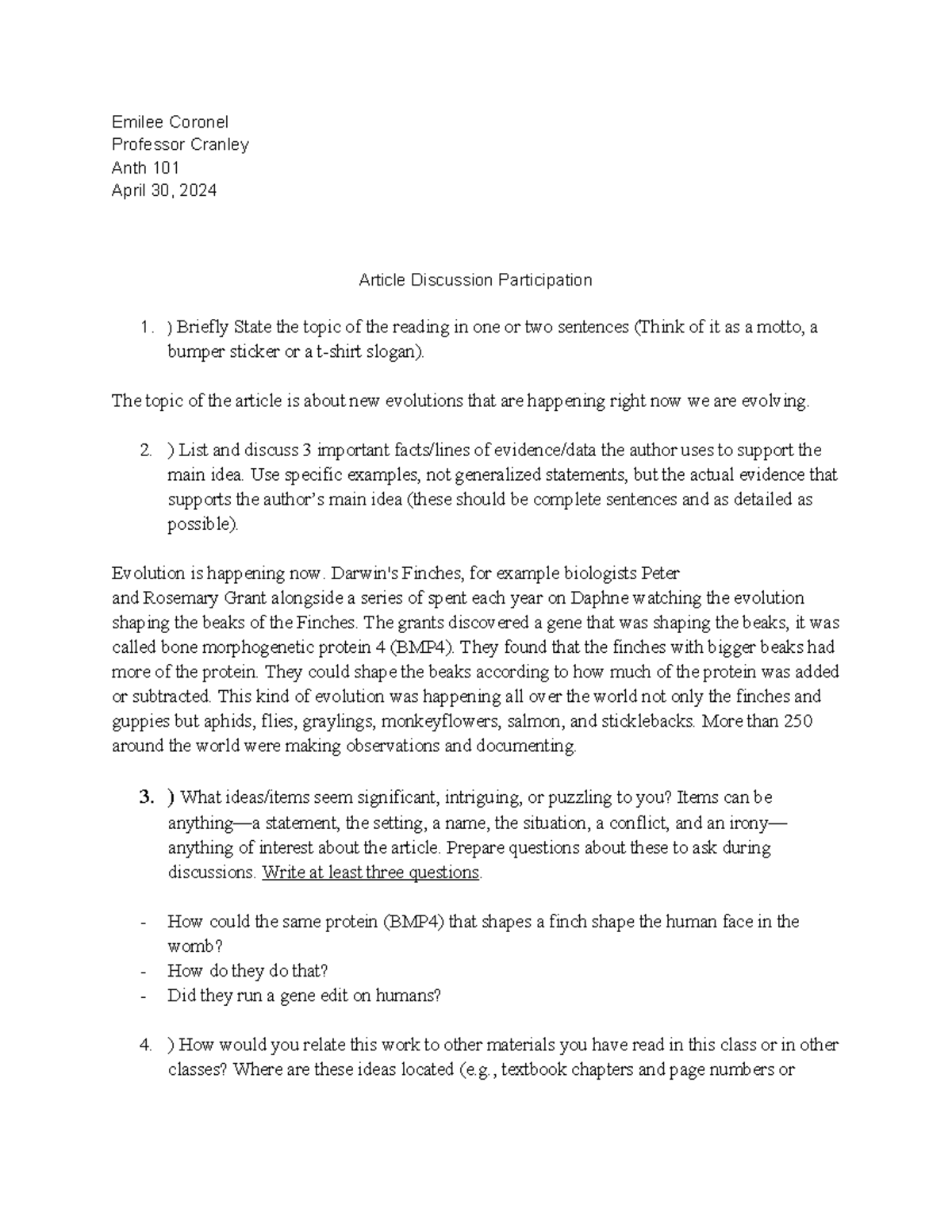 Article discussion participation - Emilee Coronel Professor Cranley ...