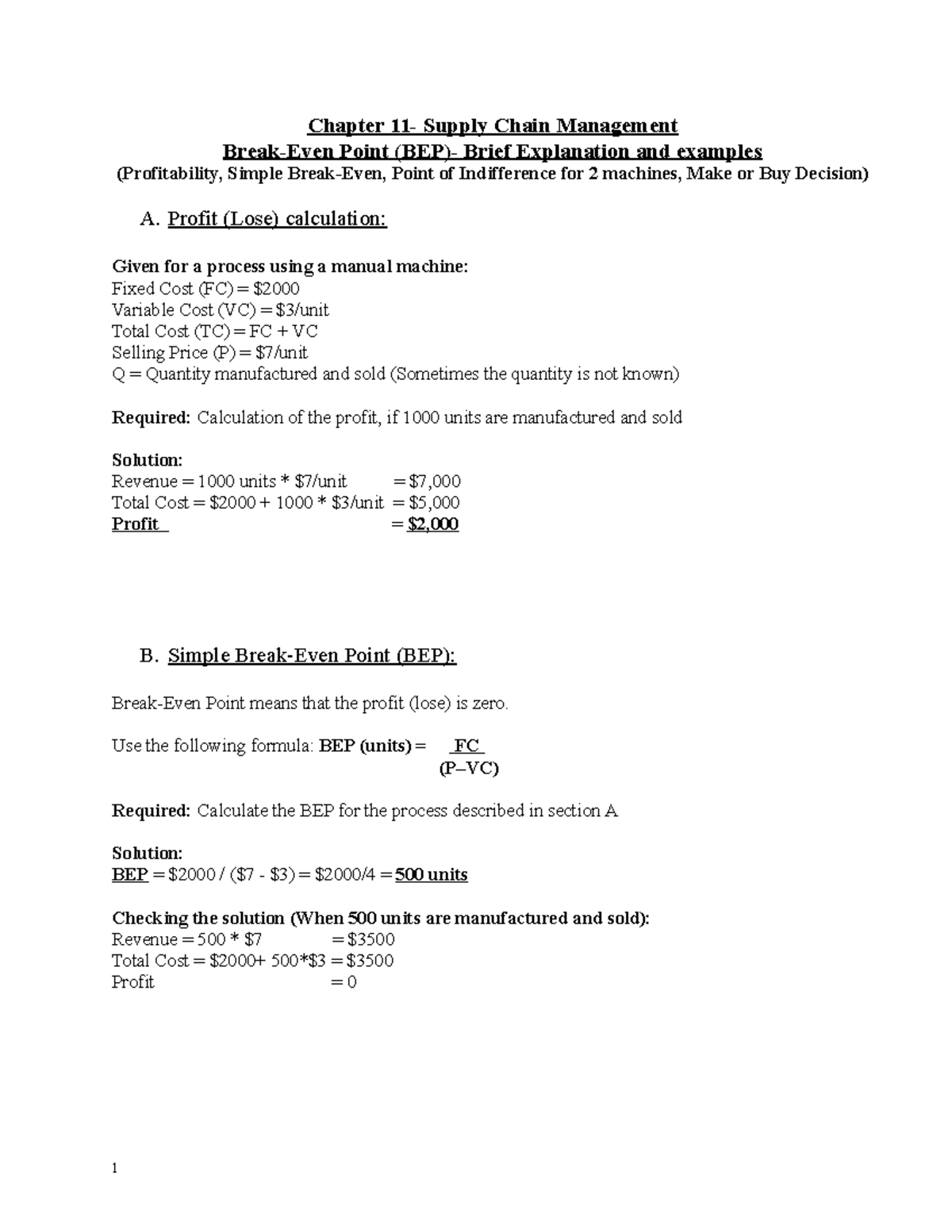 11 Break Even Point Explanation Chapter 11 Supply Chain Management Break Even Point Bep