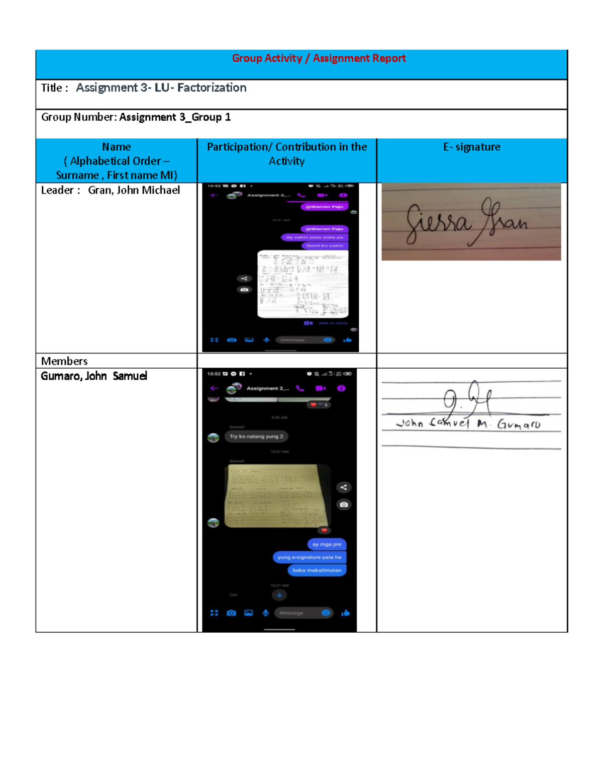 Assignment 3 Group 1 - Linear Algebra With Matlab - Group Activity / Assignment Report Title ...