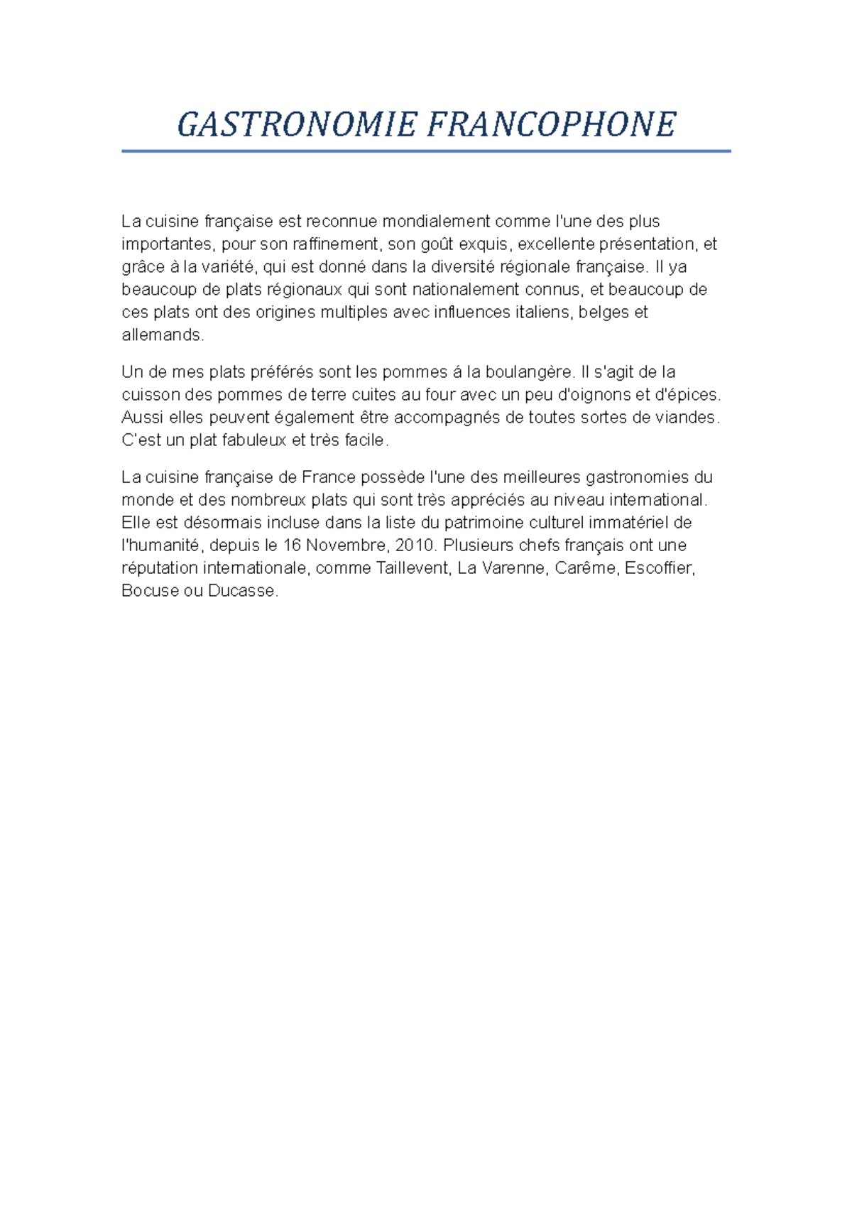 Gastronomie Francophone Notes de cours - GASTRONOMIE FRANCOPHONE La ...