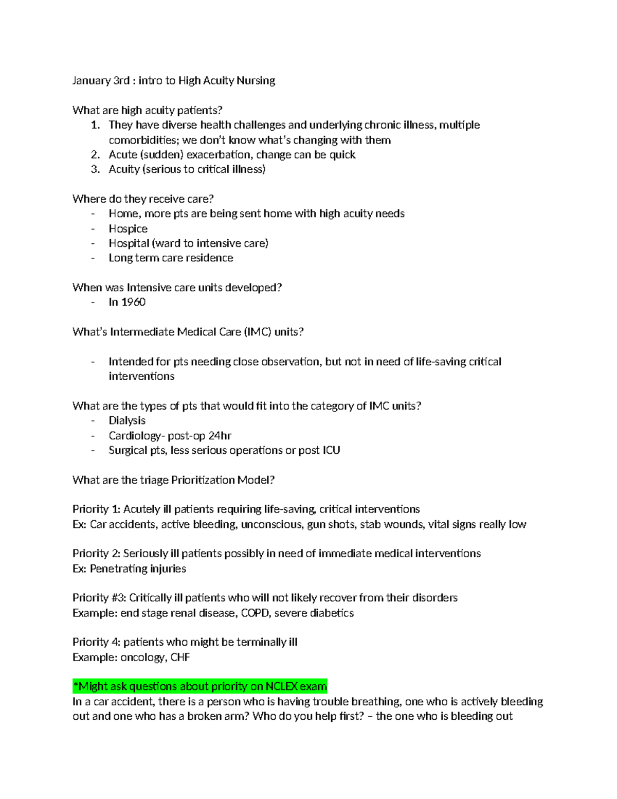 Nurs 332 Lecture notes - January 3rd : intro to High Acuity Nursing ...