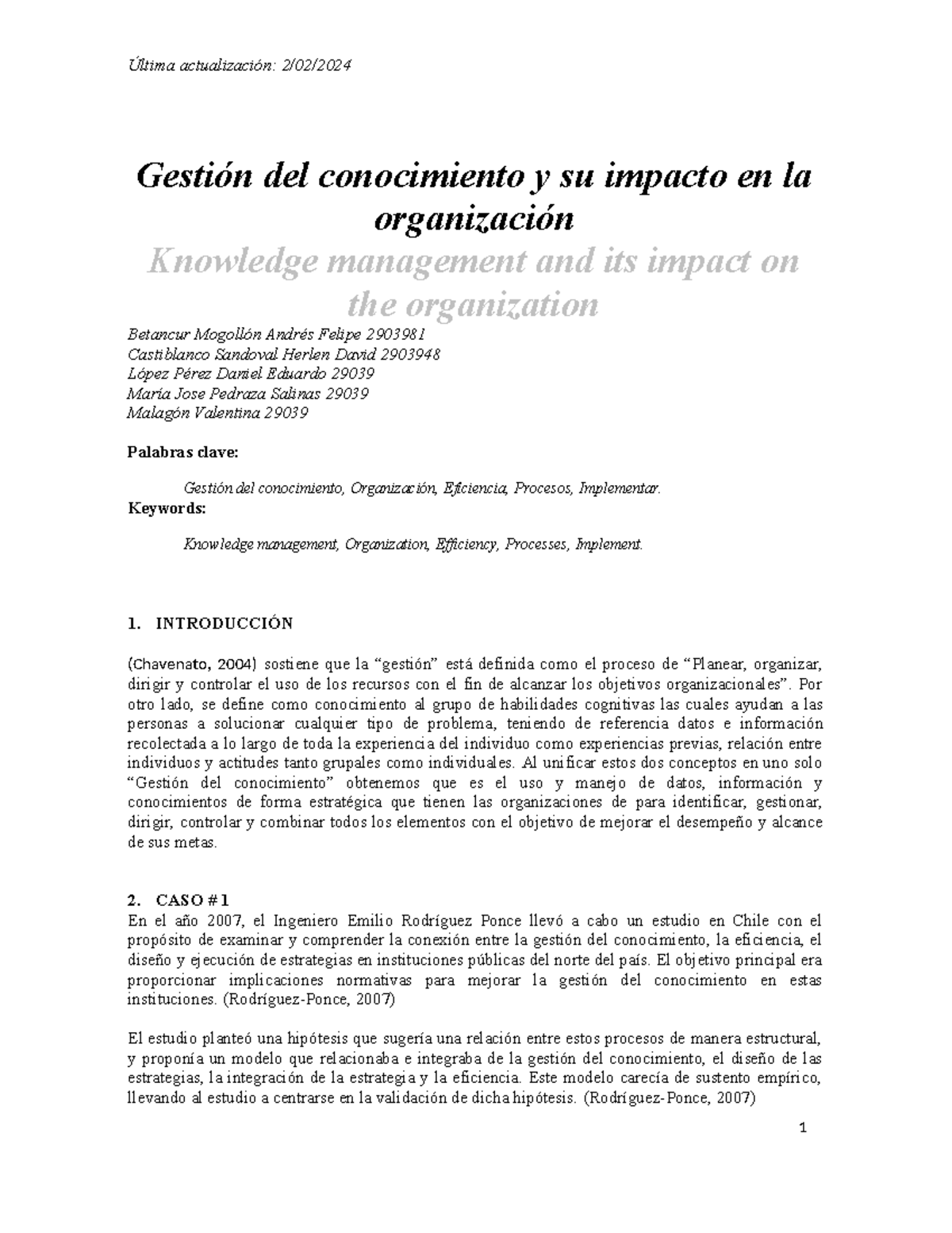 Gestion del conociminto - Última actualización: 2/02/ Gestión del ...