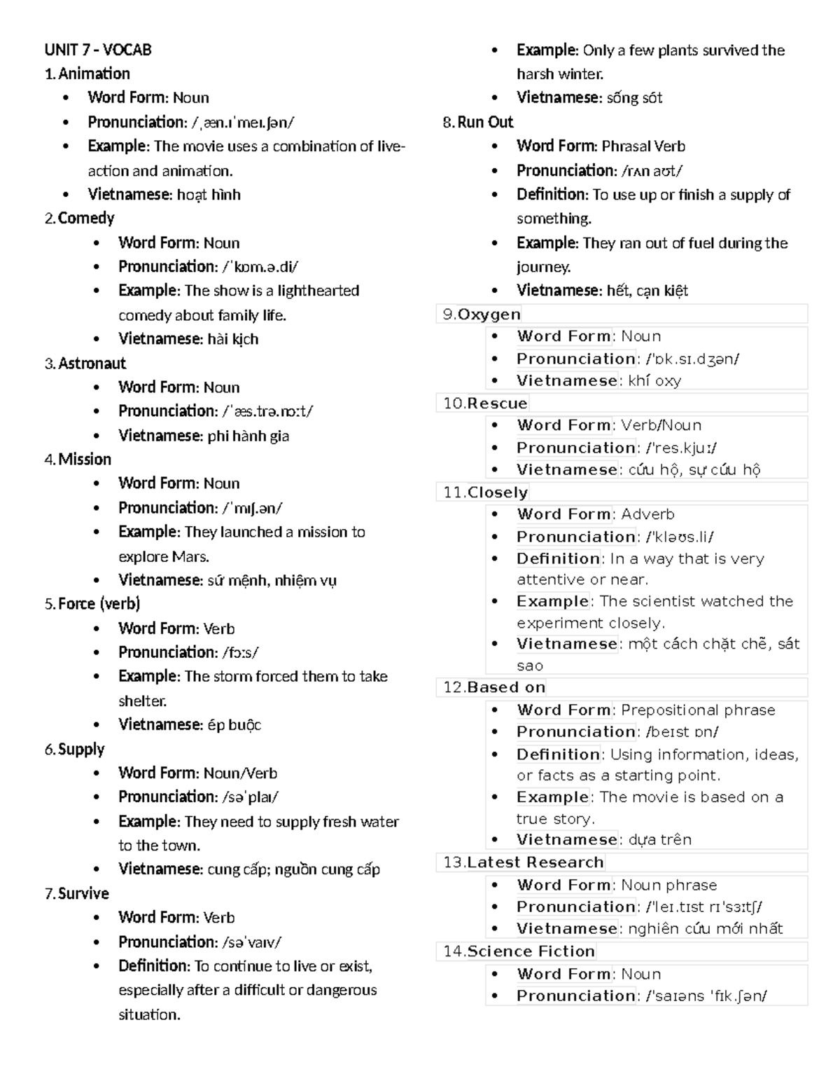 UNIT-7-Vocab - tiếng anh - UNIT 7 - VOCAB 1. Animation Word Form: Noun Pronunciation: - Studocu