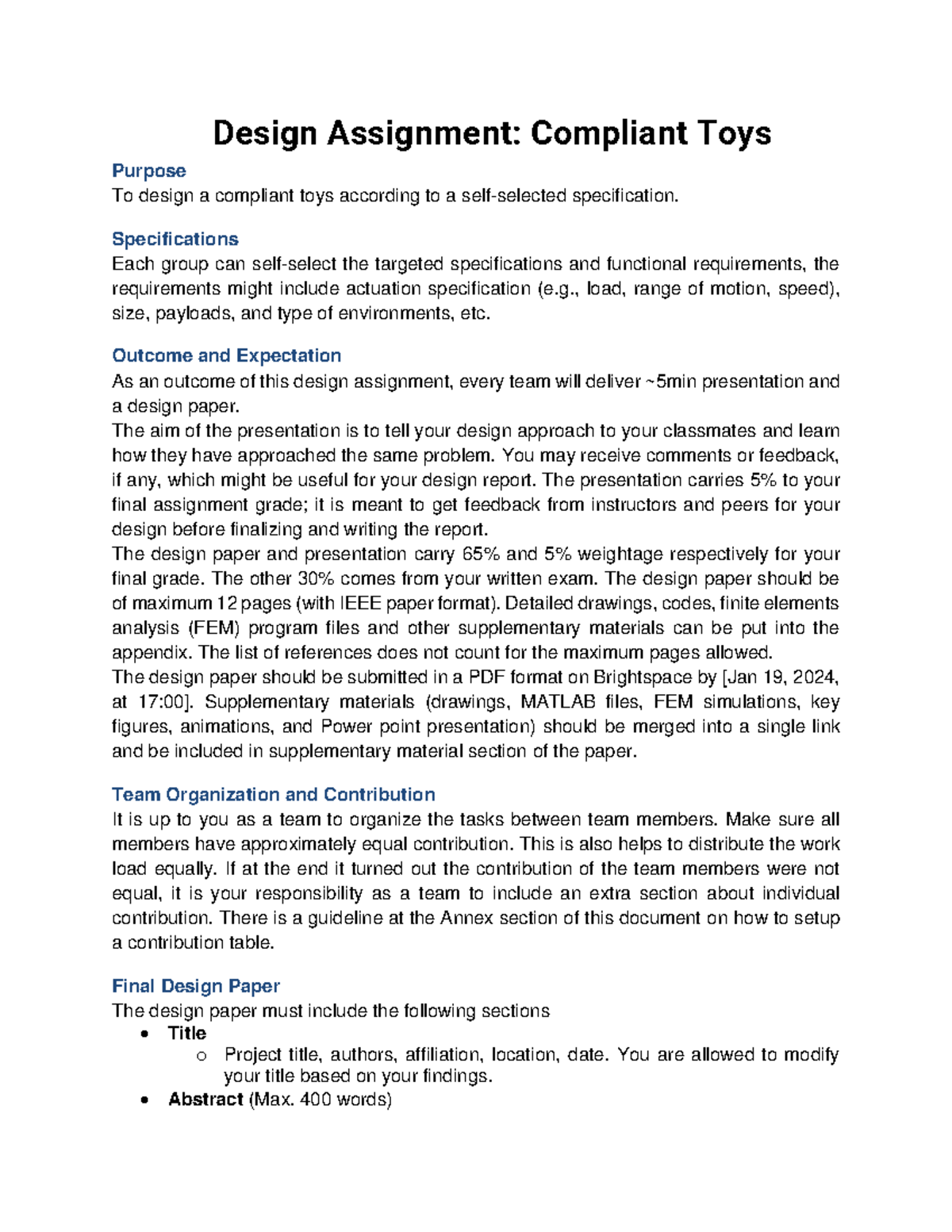 Design Assignment Cm 2023 - Design Assignment: Compliant Toys Purpose