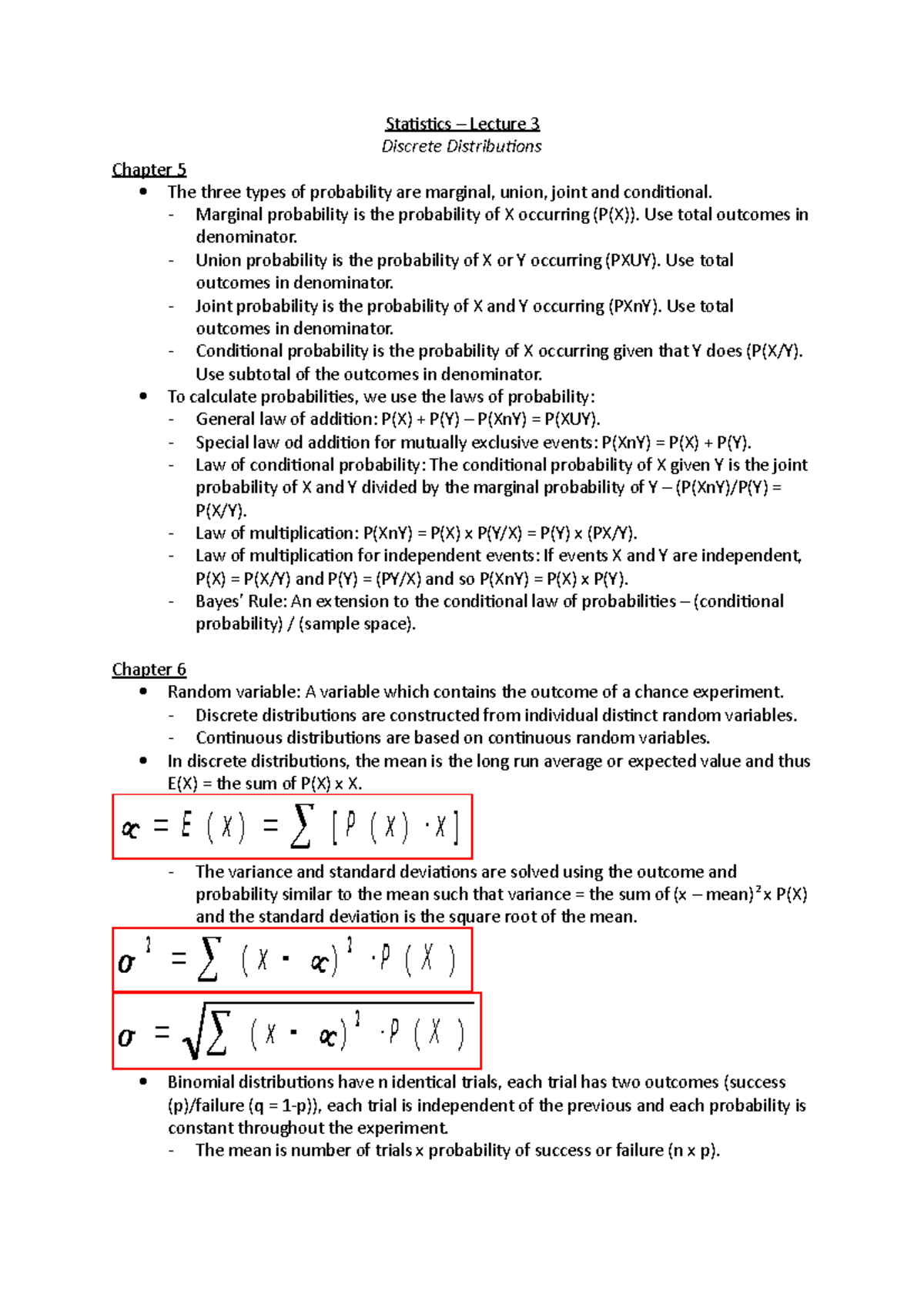 Statistics (3) - Chapter 5 and 6 - Statistics – Lecture 3 Discrete ...