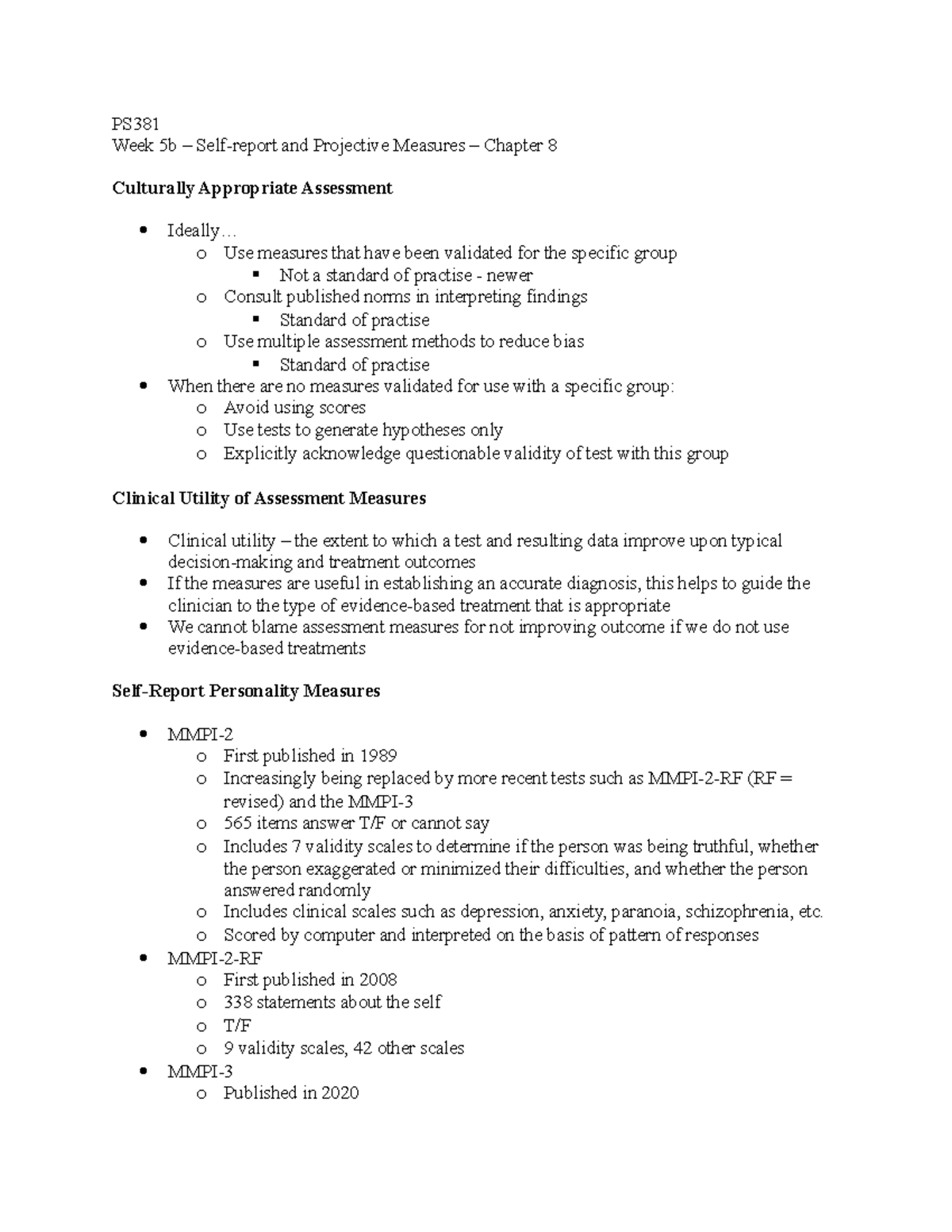 Week 5b - 8 - chapter 8 - PS Week 5b – Self-report and Projective ...