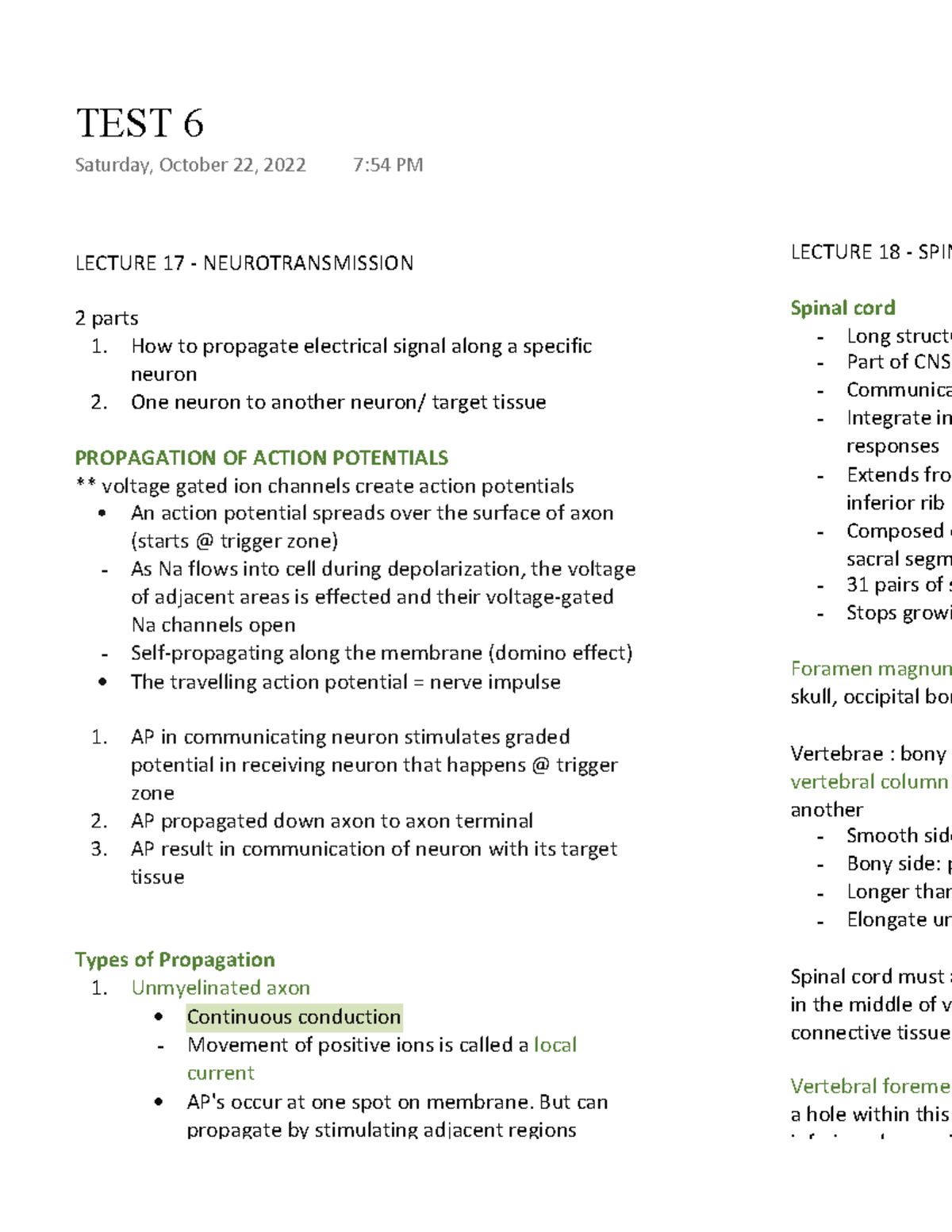 TEST 6 - notes - LECTURE 17 - NEUROTRANSMISSION 2 parts How to ...