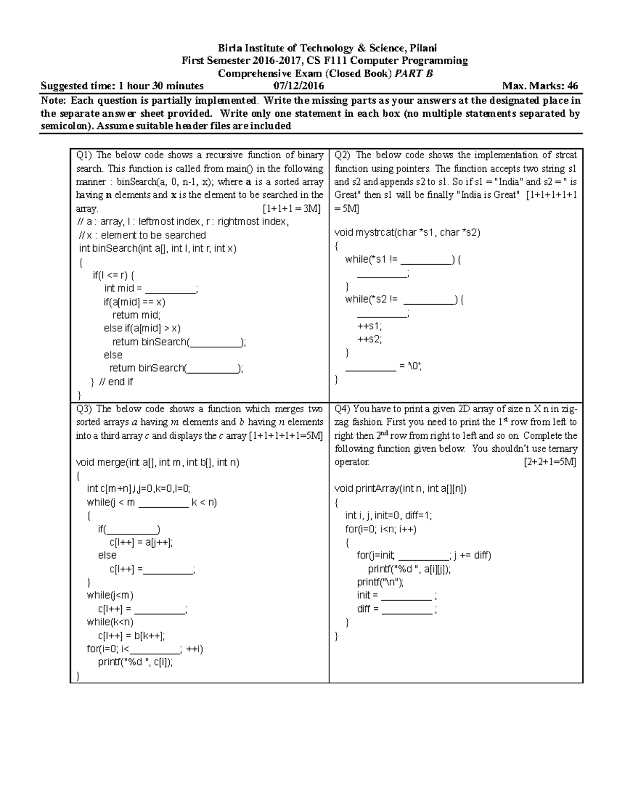 Compre+Part+B(2015 ) - Compre+Part+B(2015 ) - Computer Programming - BITS Pilani - Studocu