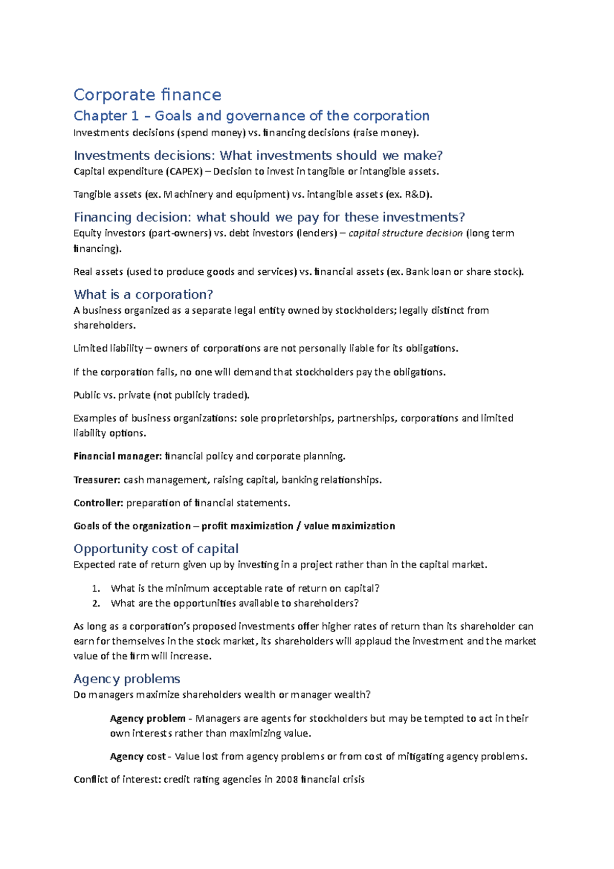 Corporate finance - Notes from lecture - Corporate finance Chapter 1 ...