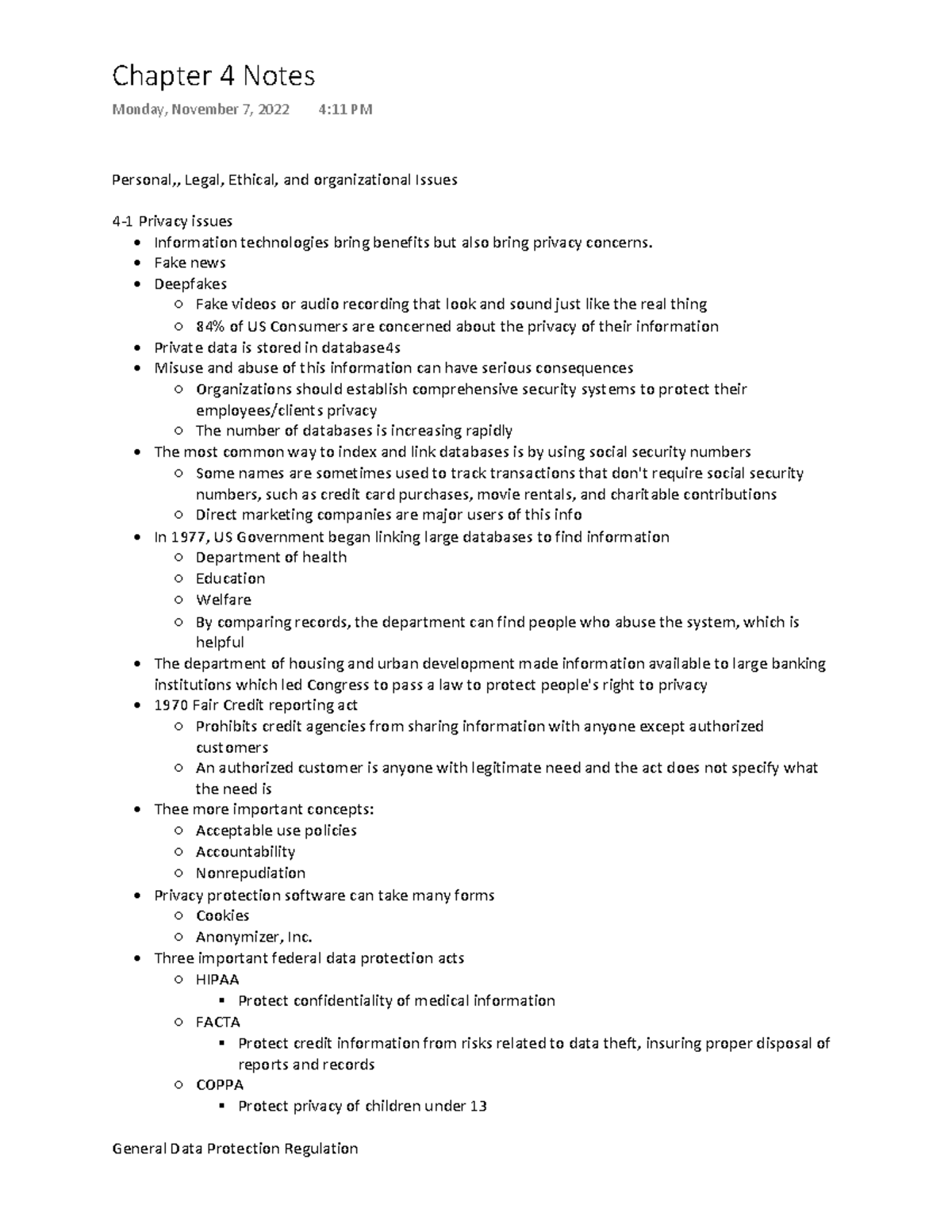 BIS Chapter 4 - Personal,, Legal, Ethical, and organizational Issues 4-1 Privacy issues - - Studocu