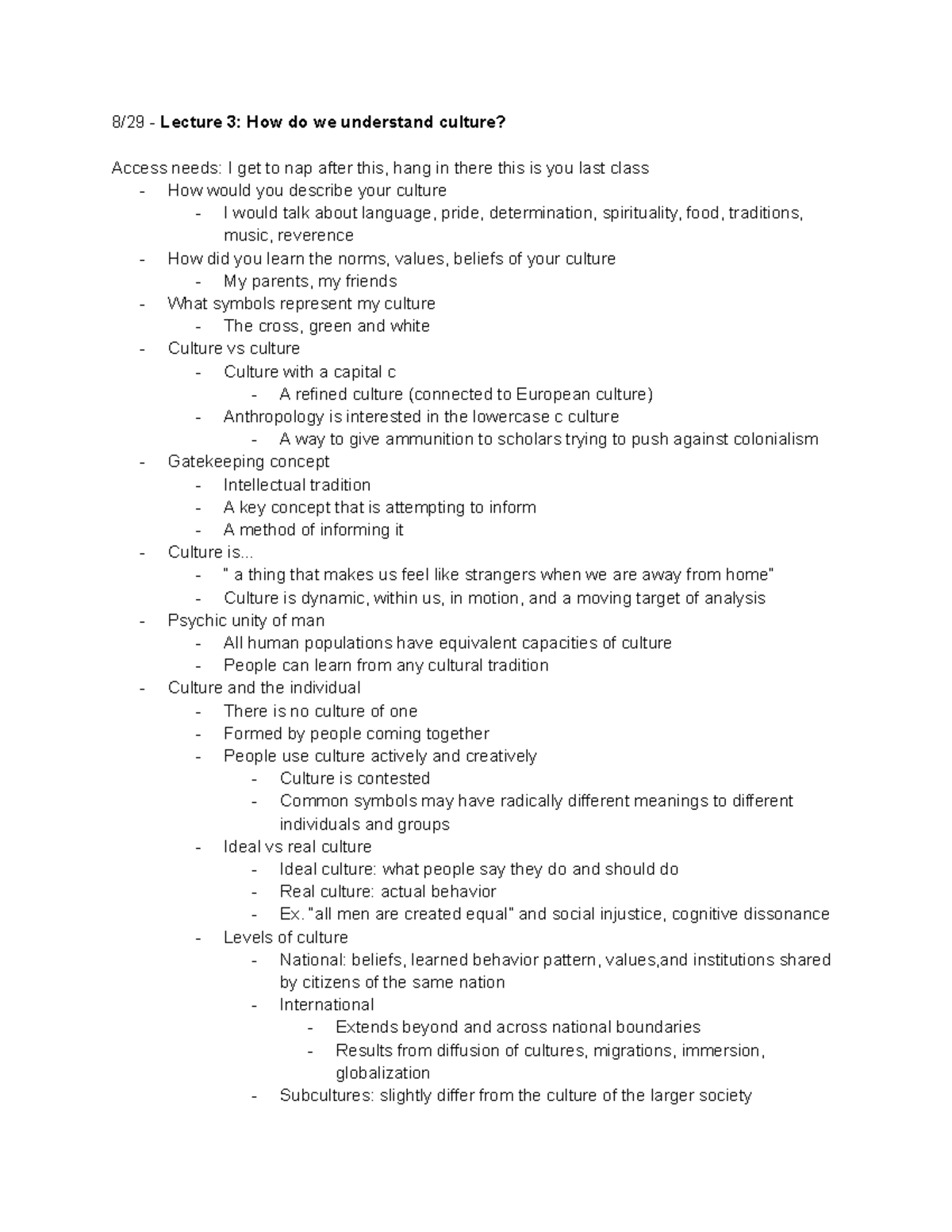 Anth 201 In Class Notes Estrella 8 29 Lecture 3 How Do We Understand Culture Access