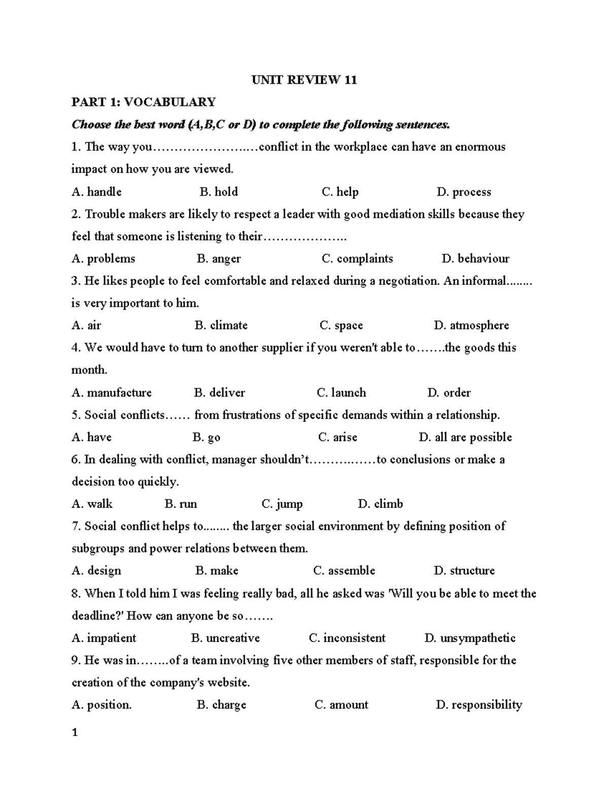 Review UNIT 11 - ta2 - UNIT REVIEW 11 PART 1: VOCABULARY Choose the ...