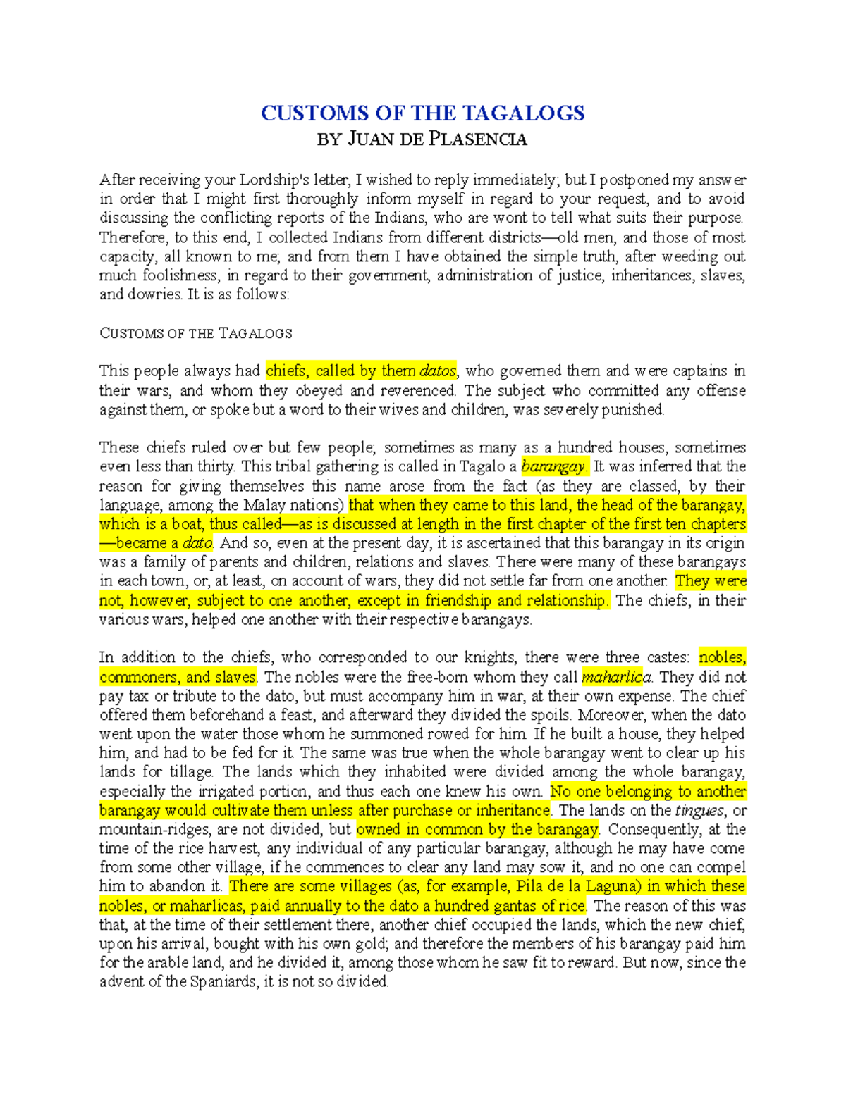 Customs OF THE Tagalogs - CUSTOMS OF THE TAGALOGS BY JUAN DE PLASENCIA ...