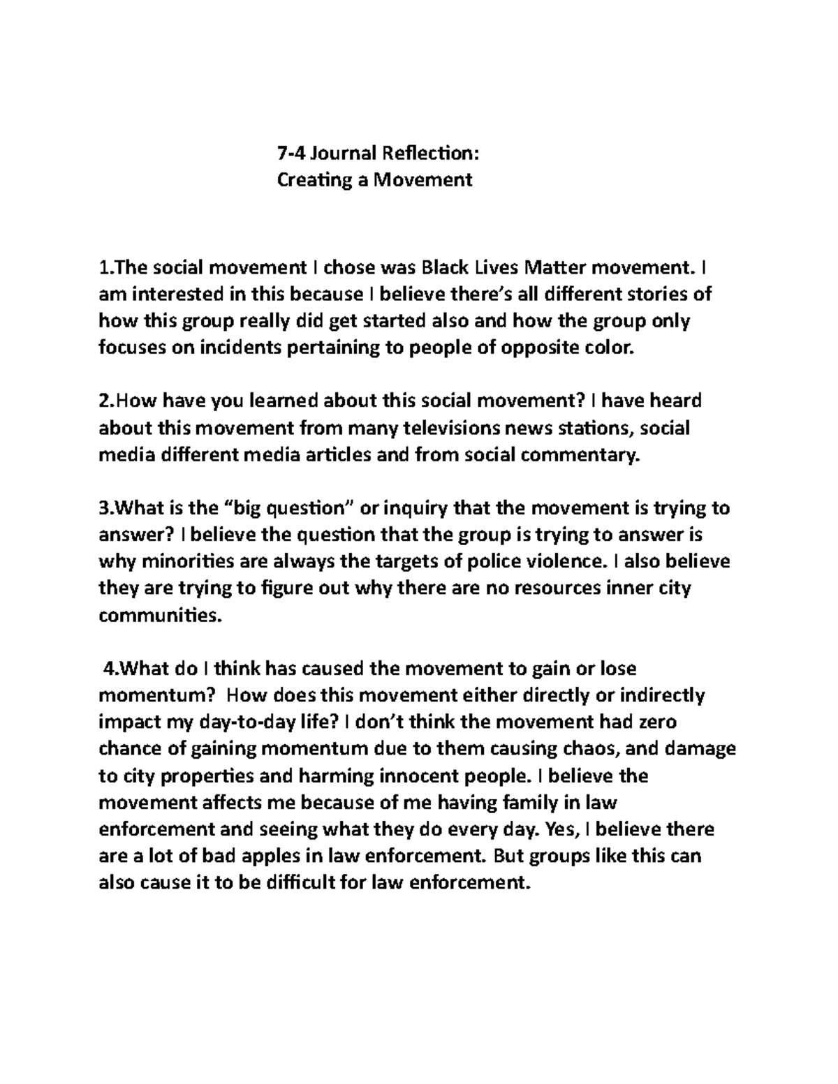 7-4 Journal reflection - 7-4 Journal Reflection: Creating a Movement 1 ...