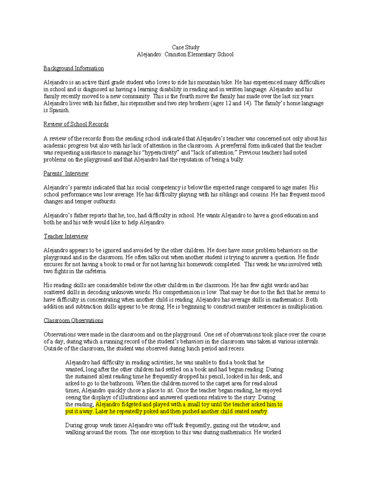 Alejandro Case Study - Case Study Alejandro: Cranston Elementary School ...