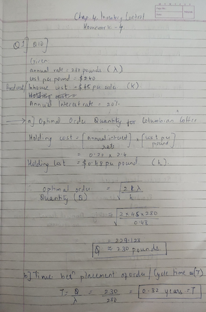 Joshi Prajakta HW 2 - PPC homework 2 - IE-505 Production Planning &Control Homework 1 Chapter 2 ...
