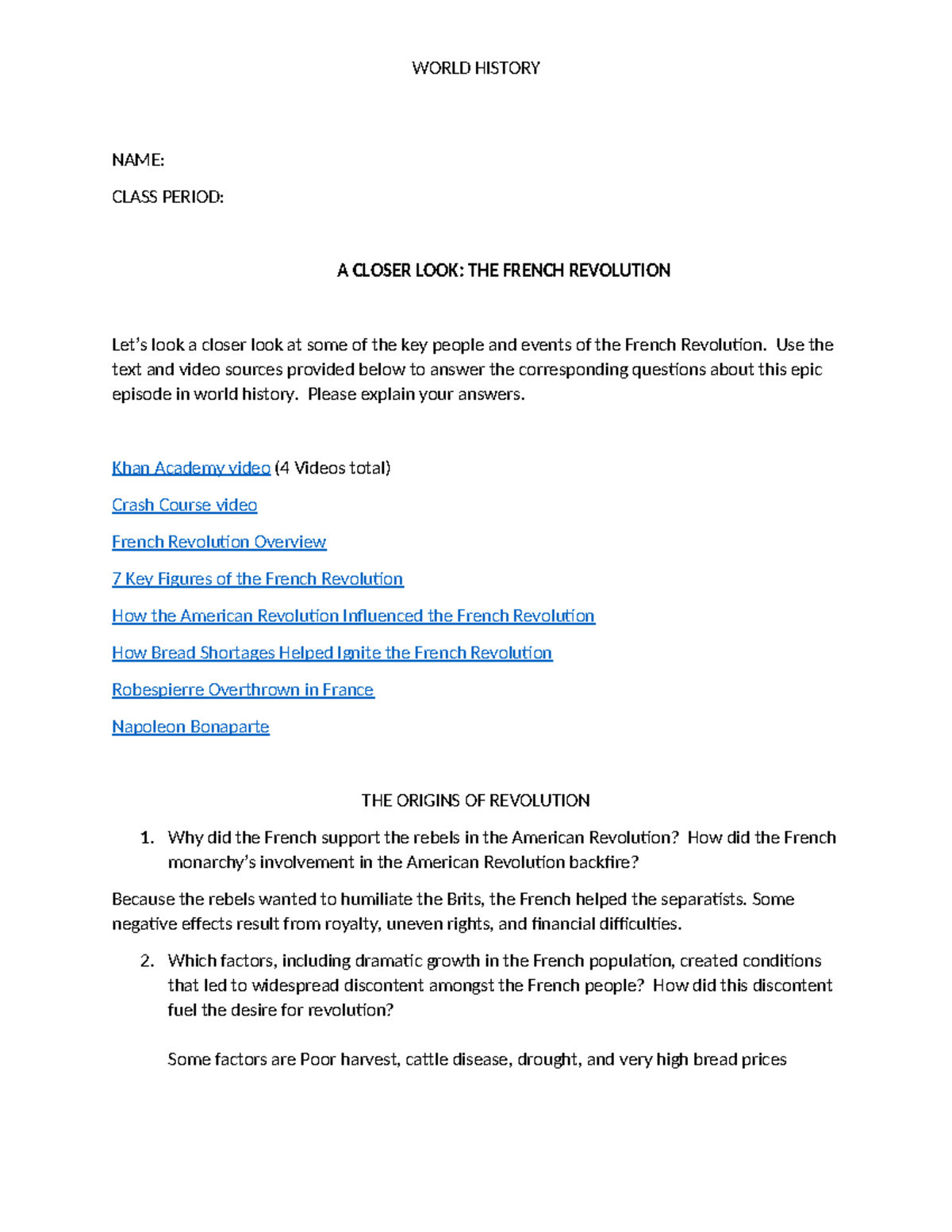 A Closer Look - The French Revolution - WORLD HISTORY NAME: CLASS ...