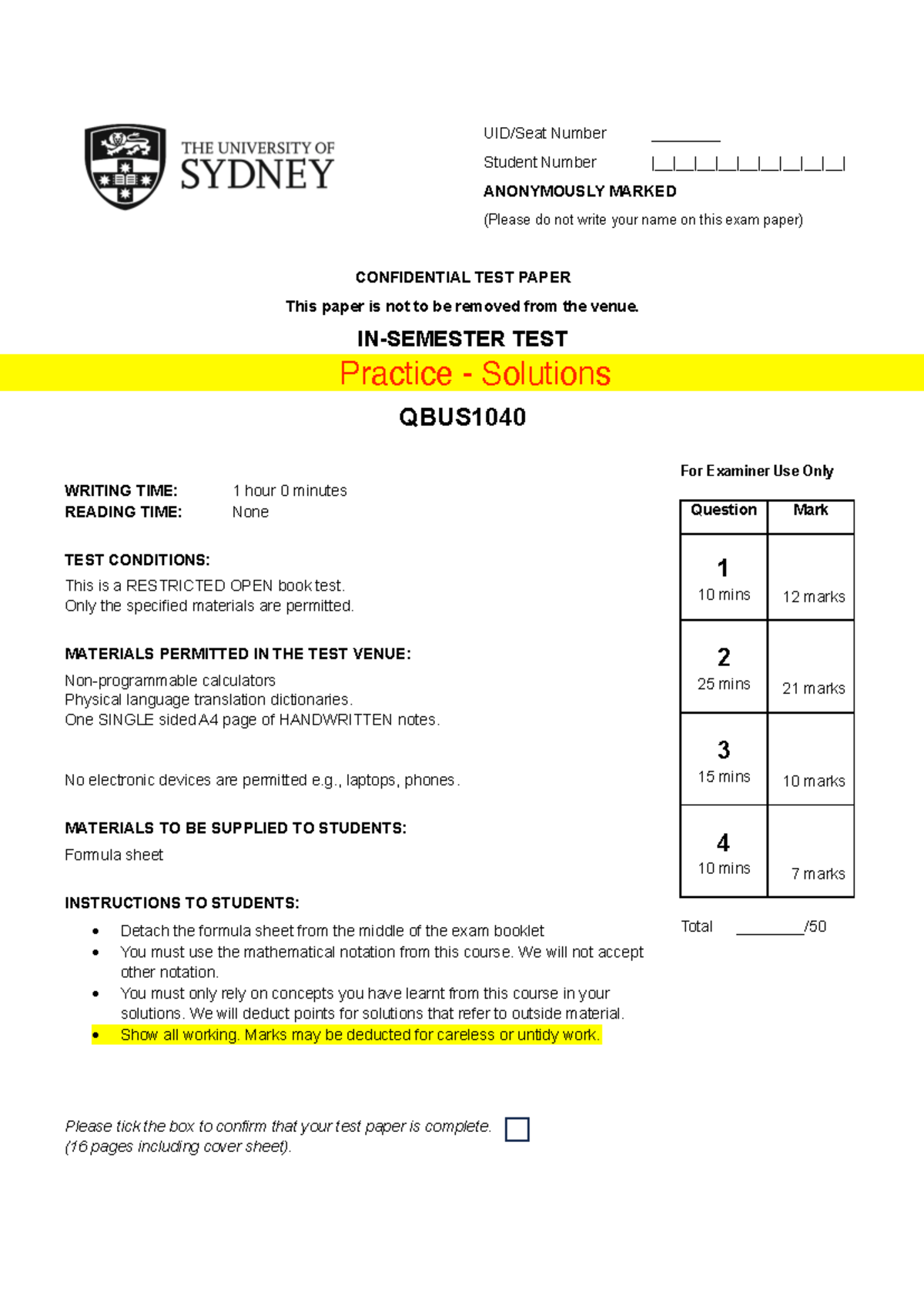 QBUS1040 midsem practice solutions - UID/Seat Number ________ Student ...