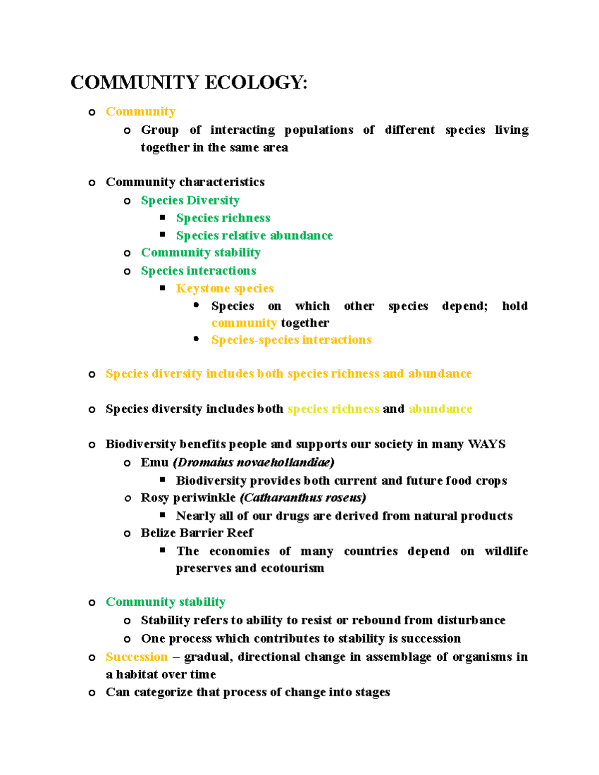 Biology Final Exam notes - COMMUNITY ECOLOGY: o Community o Group of ...