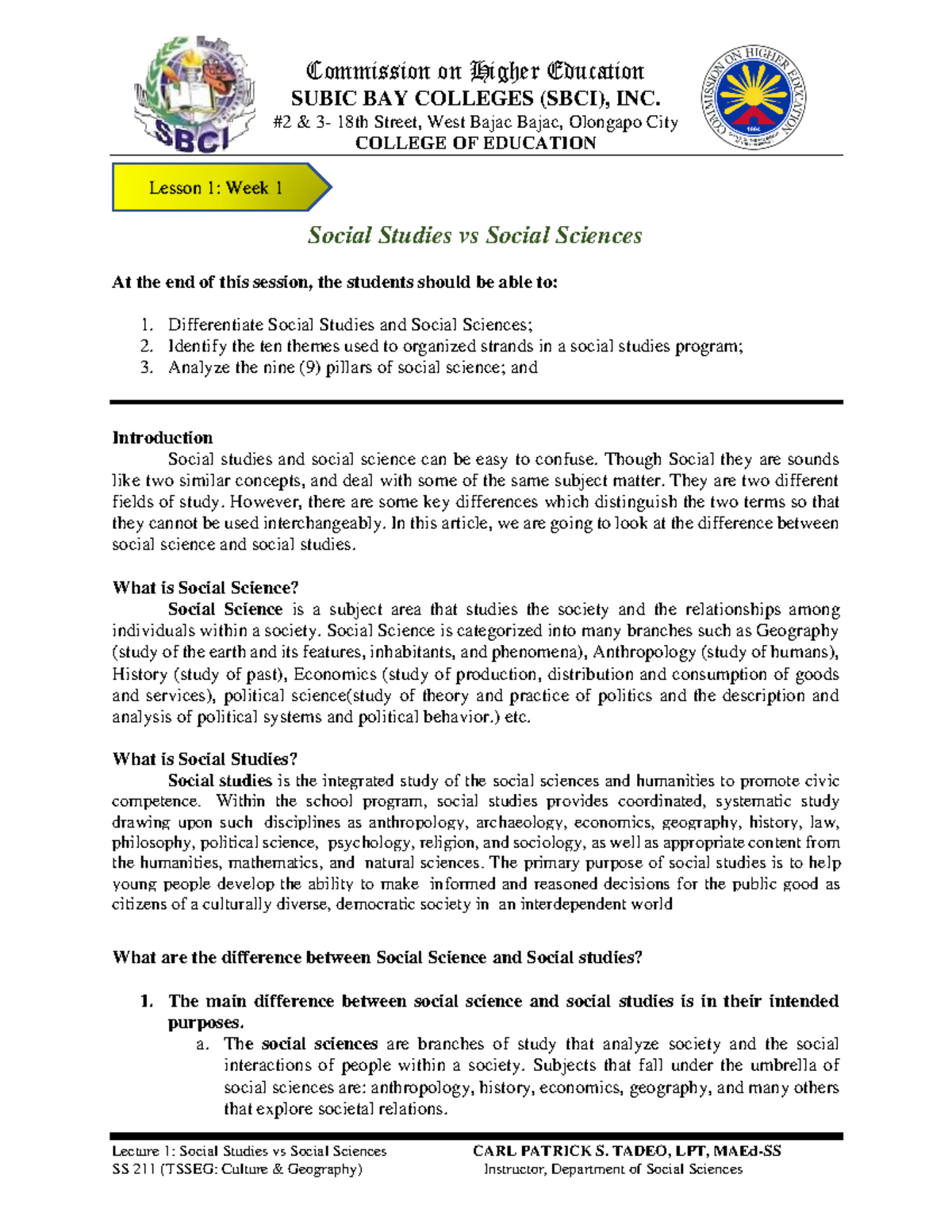 SS 211 Lecture 1 - Pillars of Social Sciences - SUBIC BAY COLLEGES ...