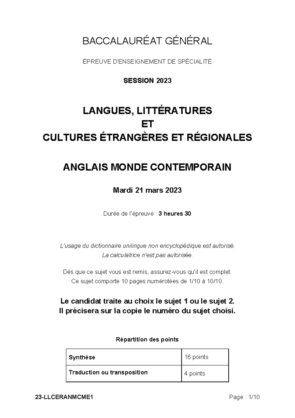 Spe llcer amc 2023 metropole sujet officiel - BACCALAURÉAT GÉNÉRAL ÉPREUVE D’ENSEIGNEMENT DE ...