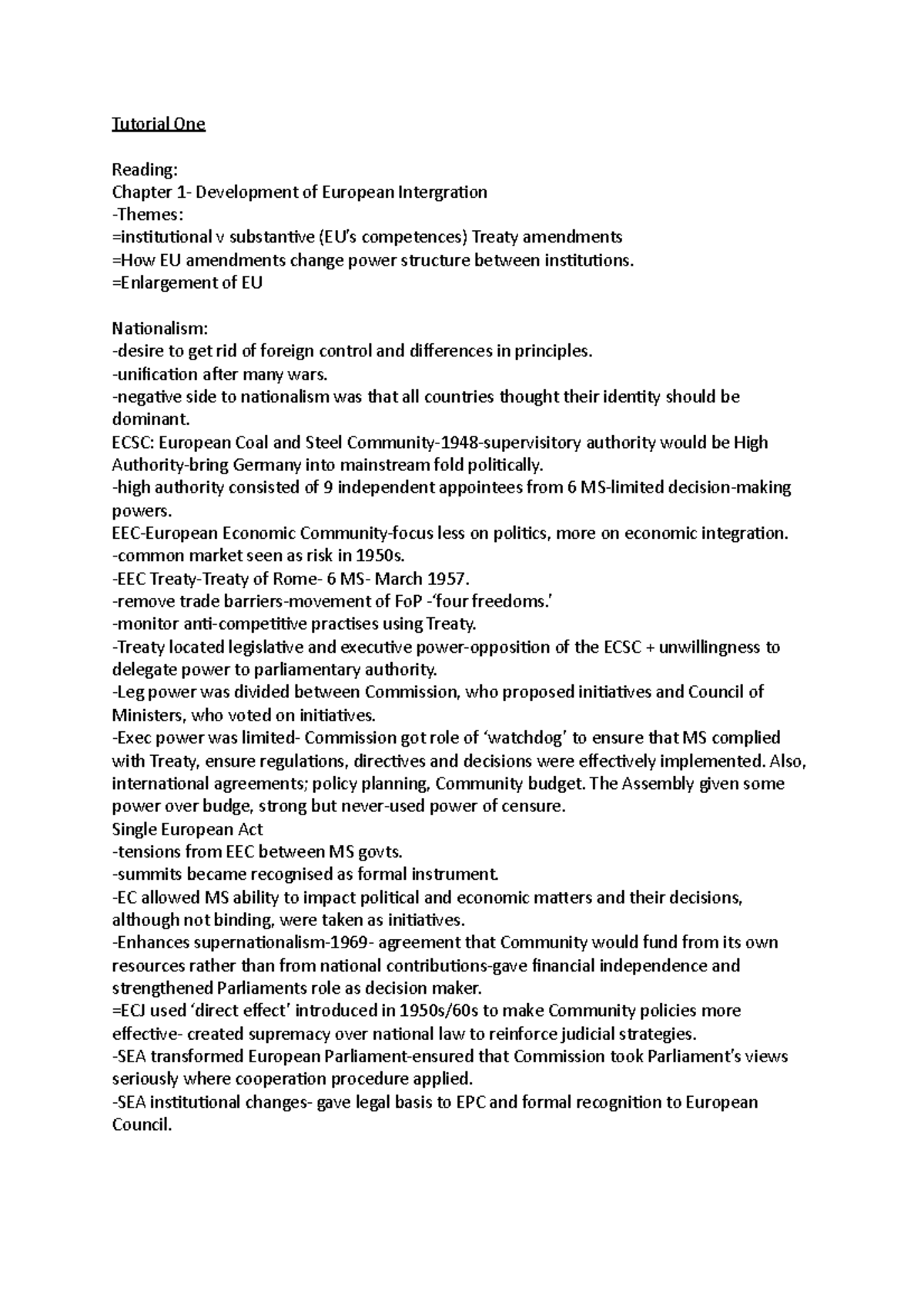 Tutorial One-EU Law I - Tutorial One Reading: Chapter 1- Development of ...