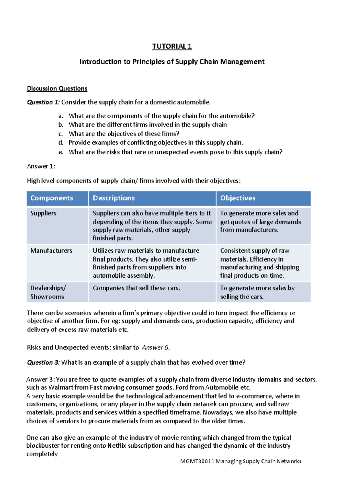 Tutorial 1 - Answers - MGMT30011 Managing Supply Chain Networks ...
