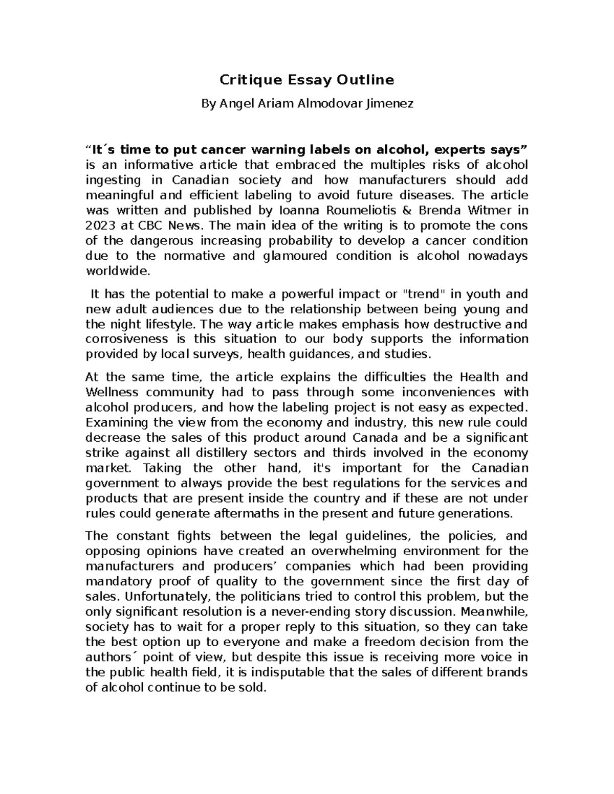 Critique Essay Outline - Angel Ariam Almodovar Jimenez - Critique Essay ...