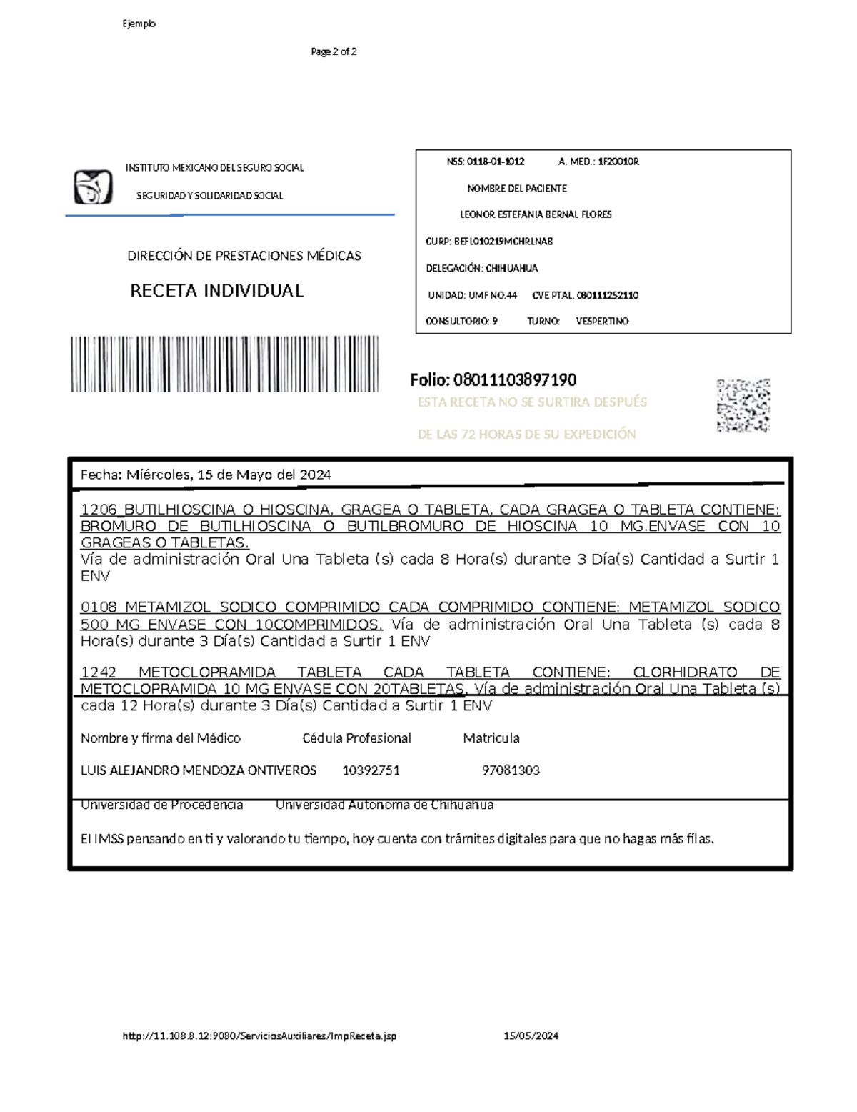 receta imss pdf - Ejemplo Page 2 of 2 INSTITUTO MEXICANO DEL SEGURO ...