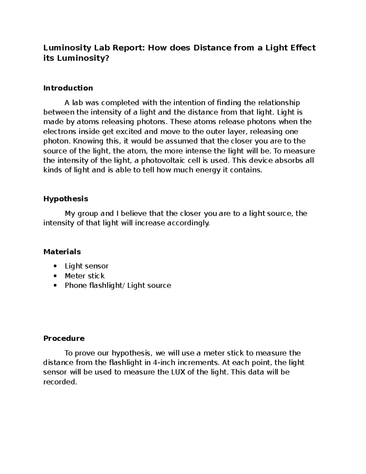 Document (12)-1 - very good paper - Luminosity Lab Report: How does ...