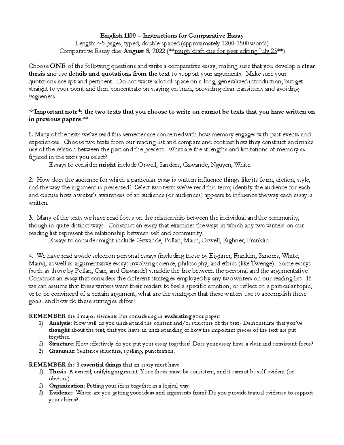 Eng Assg instructions - English 1100 – Instructions for Comparative ...