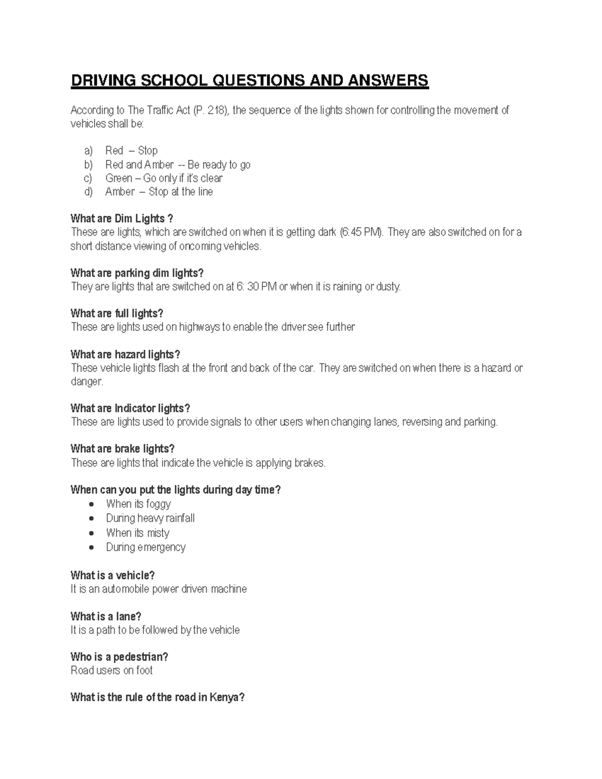 Driving School Questions AND Answers - DRIVING SCHOOL QUESTIONS AND ...