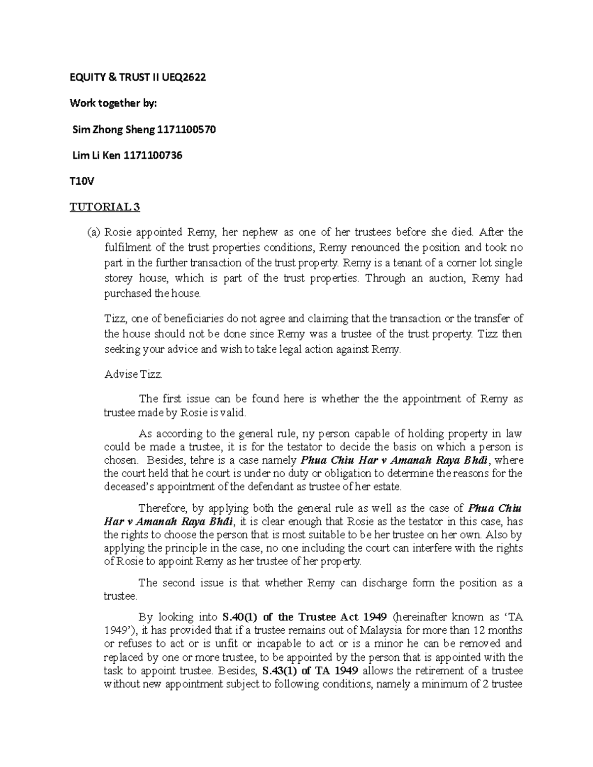 Equity Tutorial 3 - EQUITY & TRUST II UEQ Work together by: Sim Zhong ...