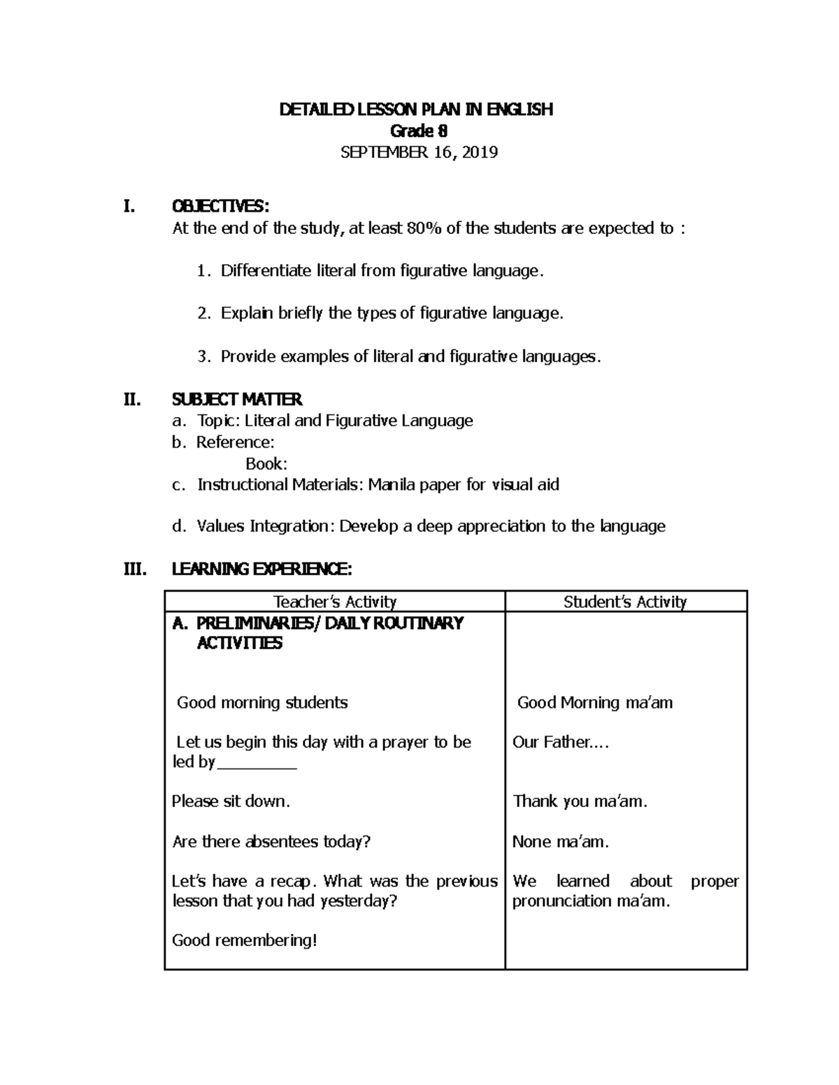 Detailed-lesson-plan-literalandfigurativespeech-newest - DETAILED ...