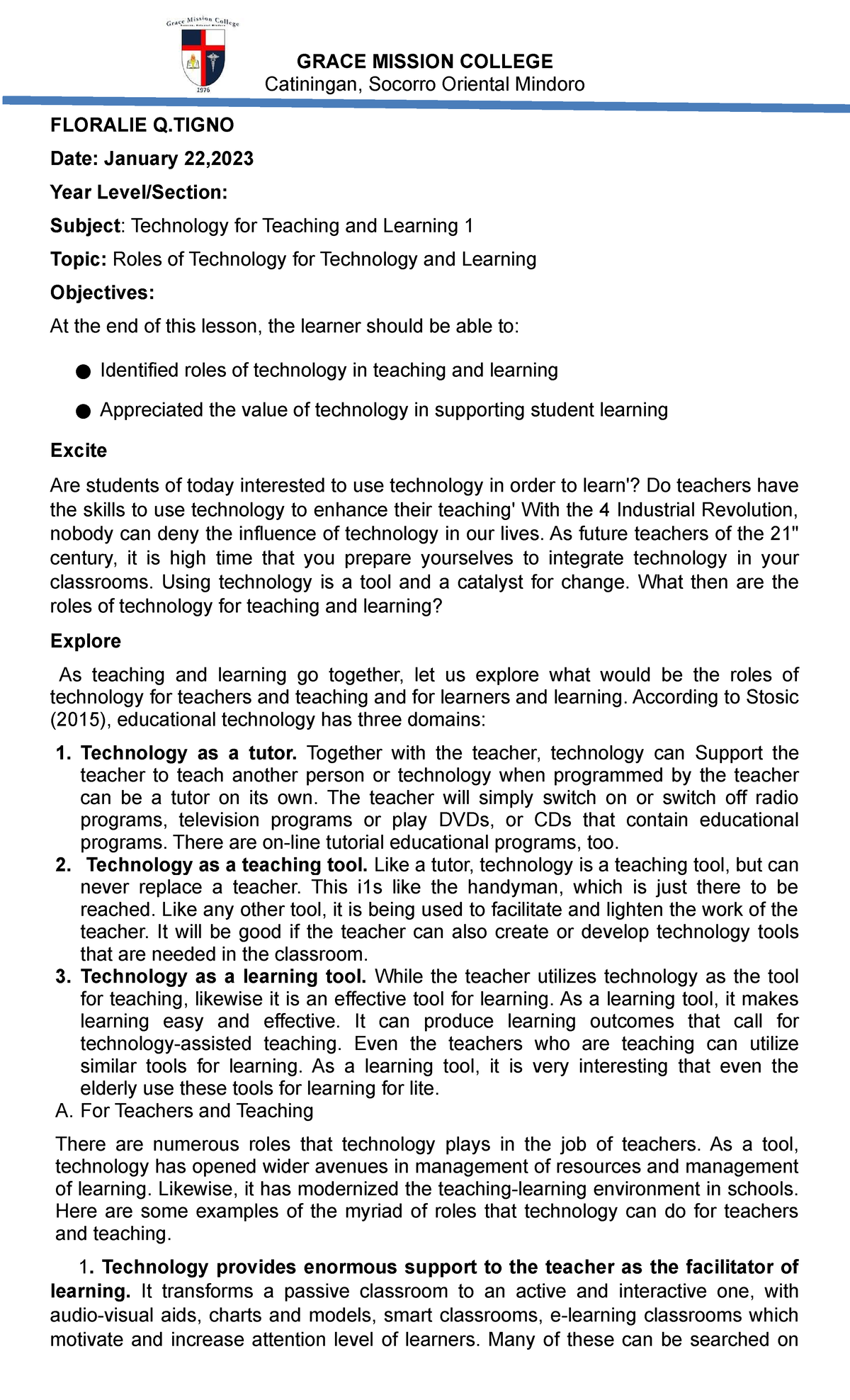 Tech 1 module ANS3 - UNIT EARNER - Catiningan, Socorro Oriental Mindoro ...