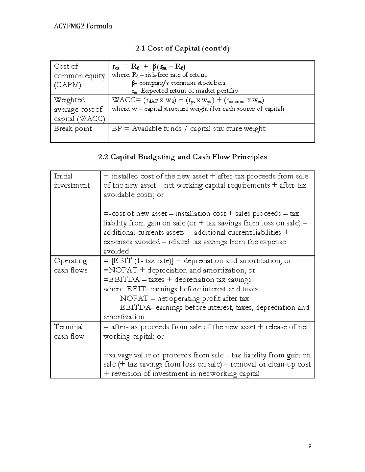 Capital budgeting formula - 2 Cost of Capital (cont’d) Cost of common ...