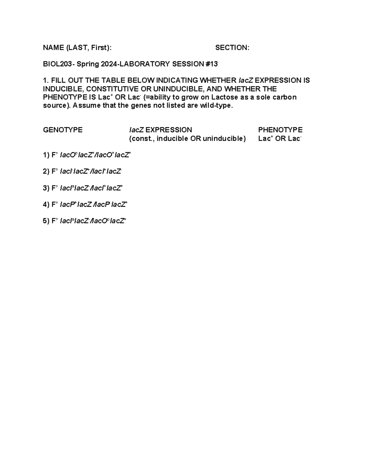 Exercises III-2024 - NAME (LAST, First): SECTION: BIOL203- Spring 2024 ...