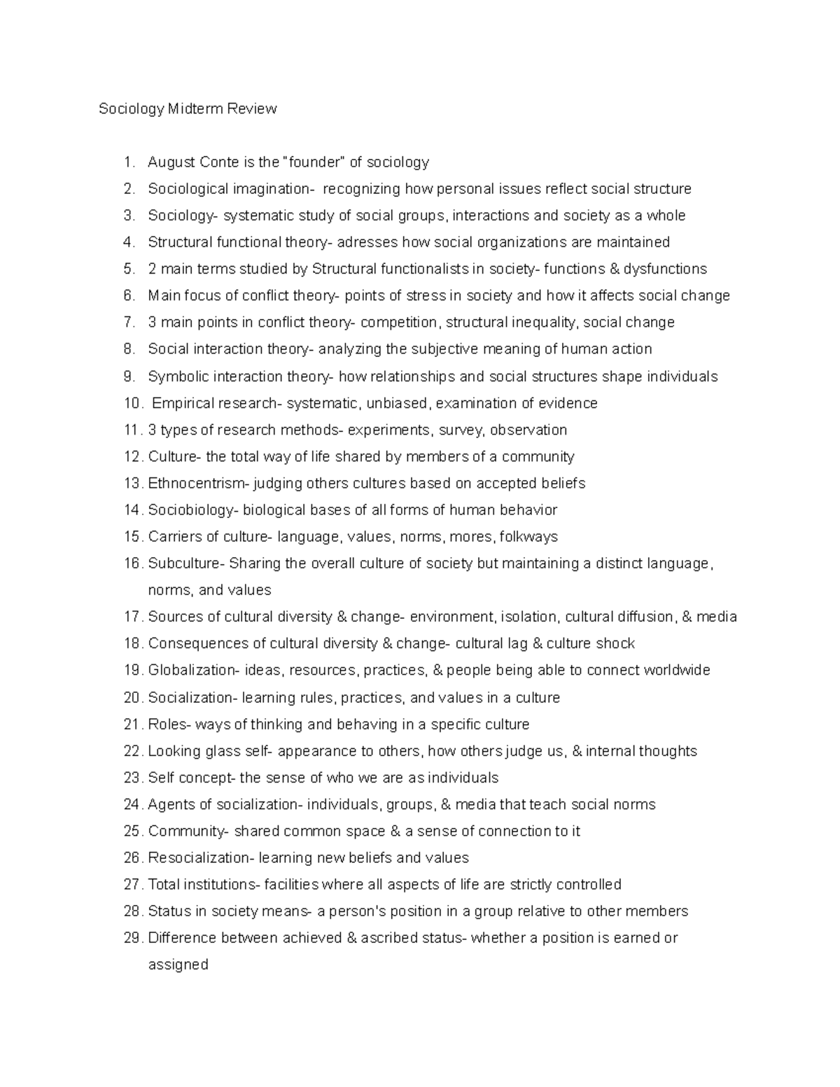 Soc 101 Midterm Review Sociology Midterm Review August Conte Is The “founder” Of Sociology
