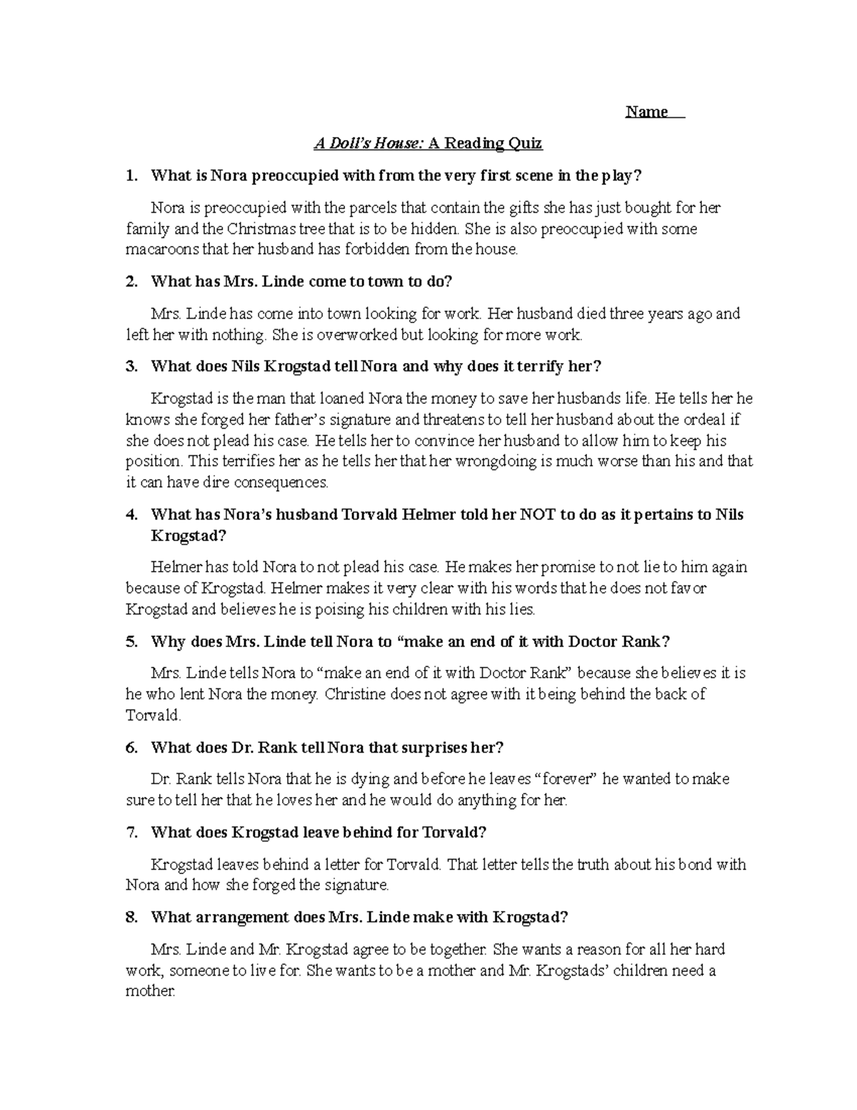 A Dolls House Worksheet - Name A Doll’s House: A Reading Quiz What is ...