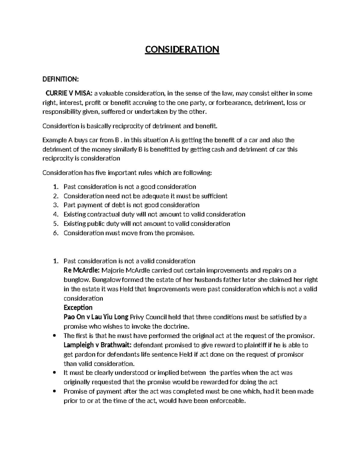 Consideration.docx si hassan - CONSIDERATION DEFINITION: CURRIE V MISA ...
