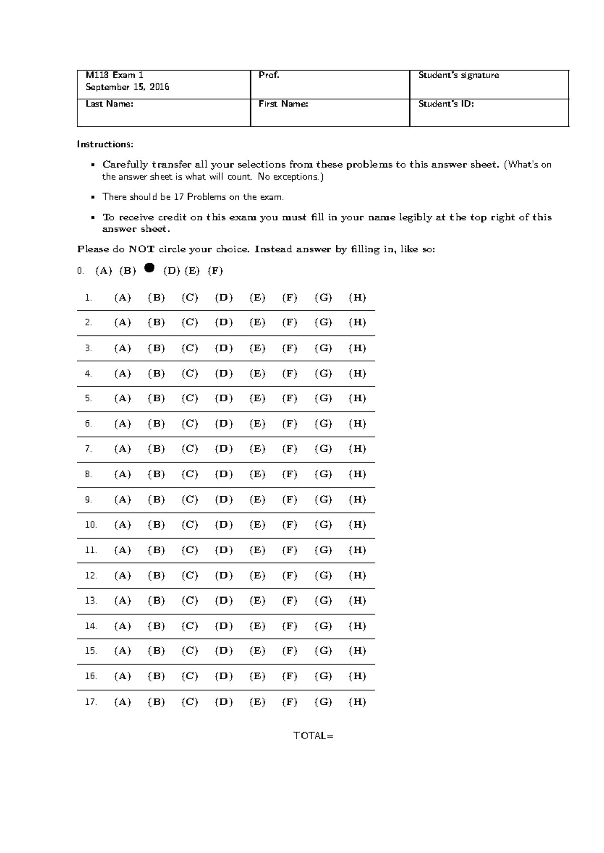 M118 Practice Exam 1 C - exam - M118 Exam 1 September 15, 2016 Prof ...