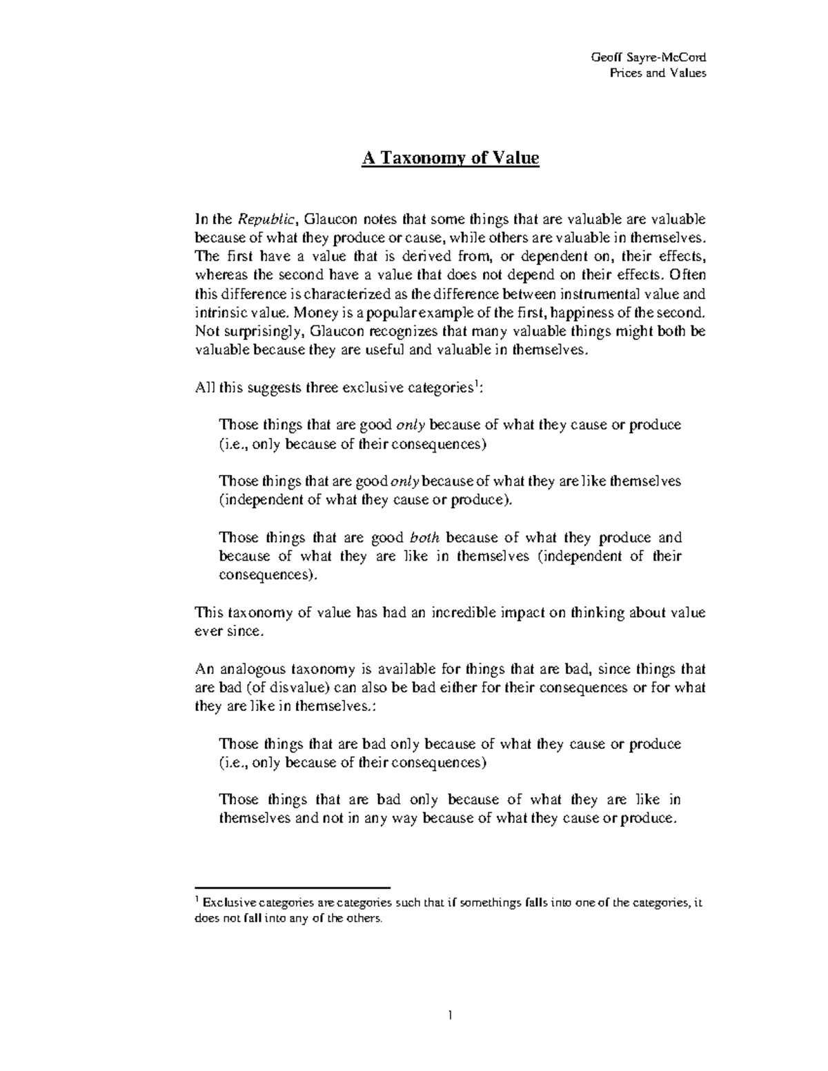 A taxonomy of value - reading - Prices and Values A Taxonomy of Value ...